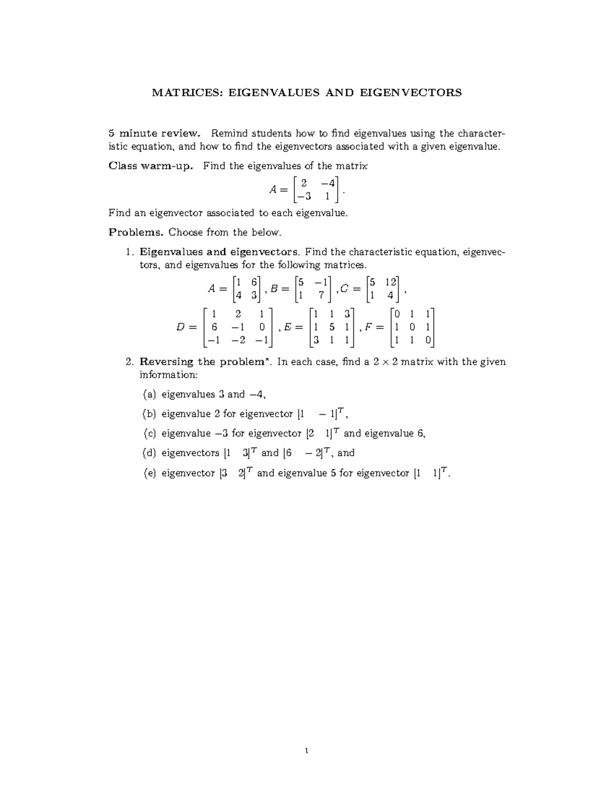 Matrices Eigenvalues and Eigenvectors - MATRICES: EIGENVALUES AND EIGENVECTORS 5 minute review ...