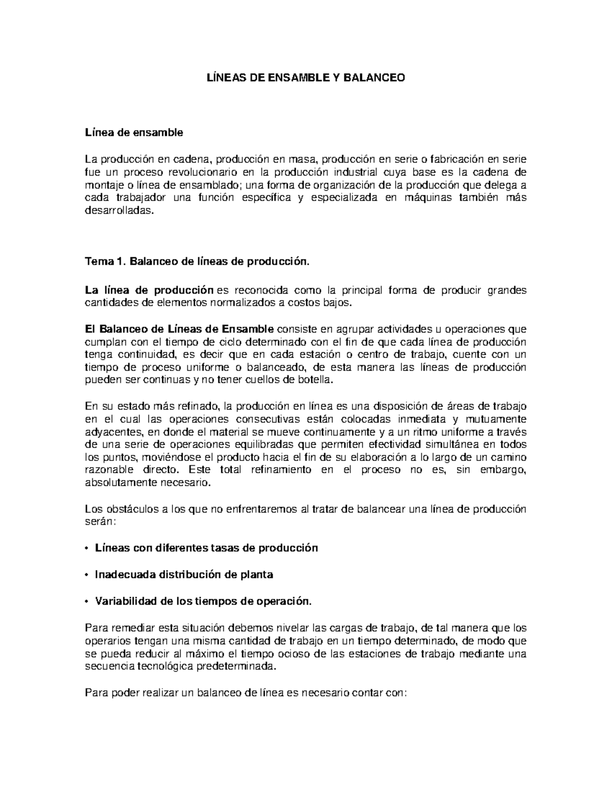 Teoría Balanceo de Lineas - LÍNEAS DE ENSAMBLE Y BALANCEO Línea de ...