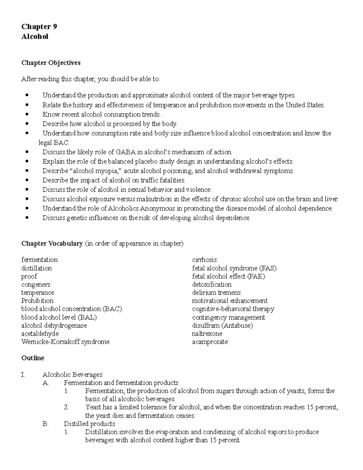 Chapter 09 Objectives Vocabulary Outline Key Points - Chapter 9 Alcohol ...