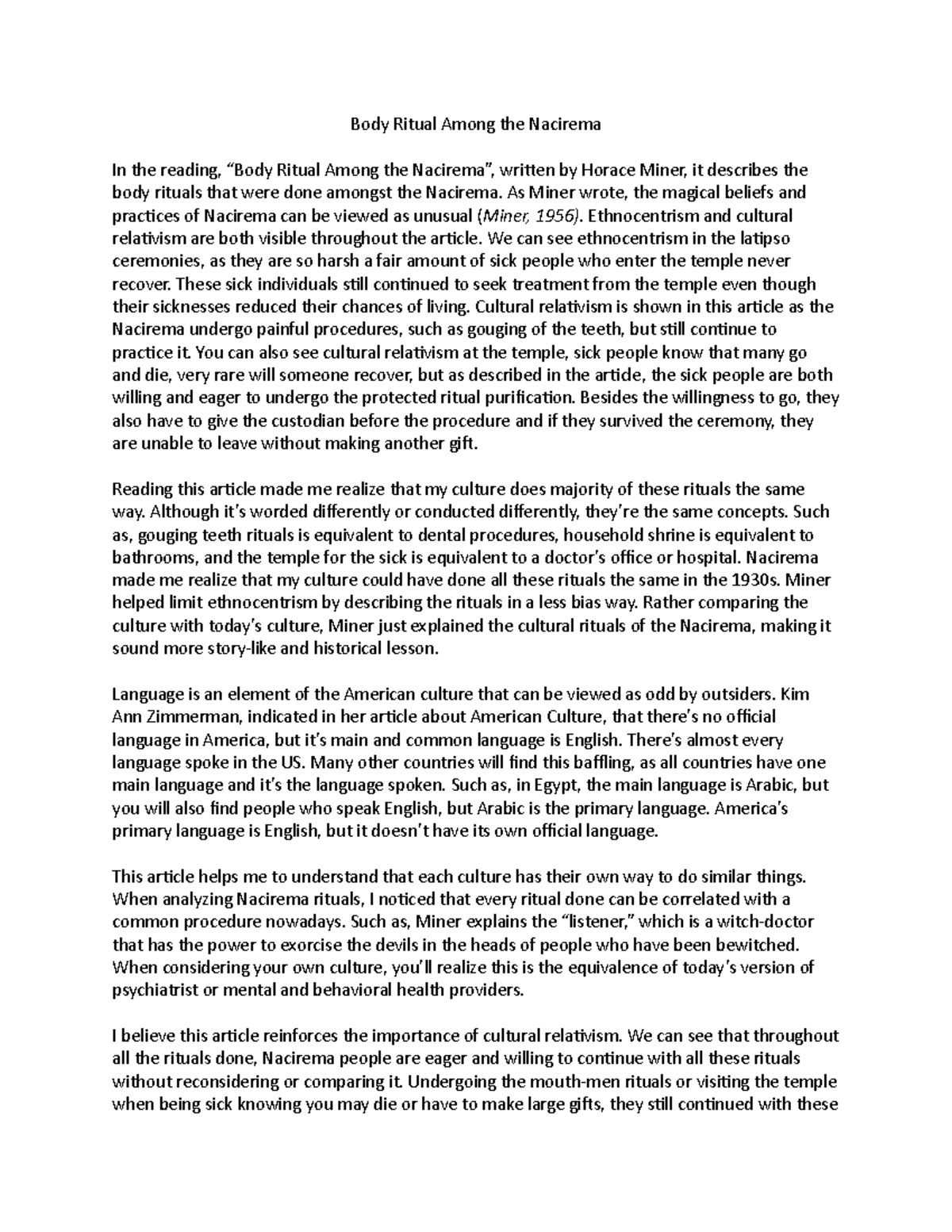 Assignment 3- Nacirema - Body Ritual Among the Nacirema In the reading ...