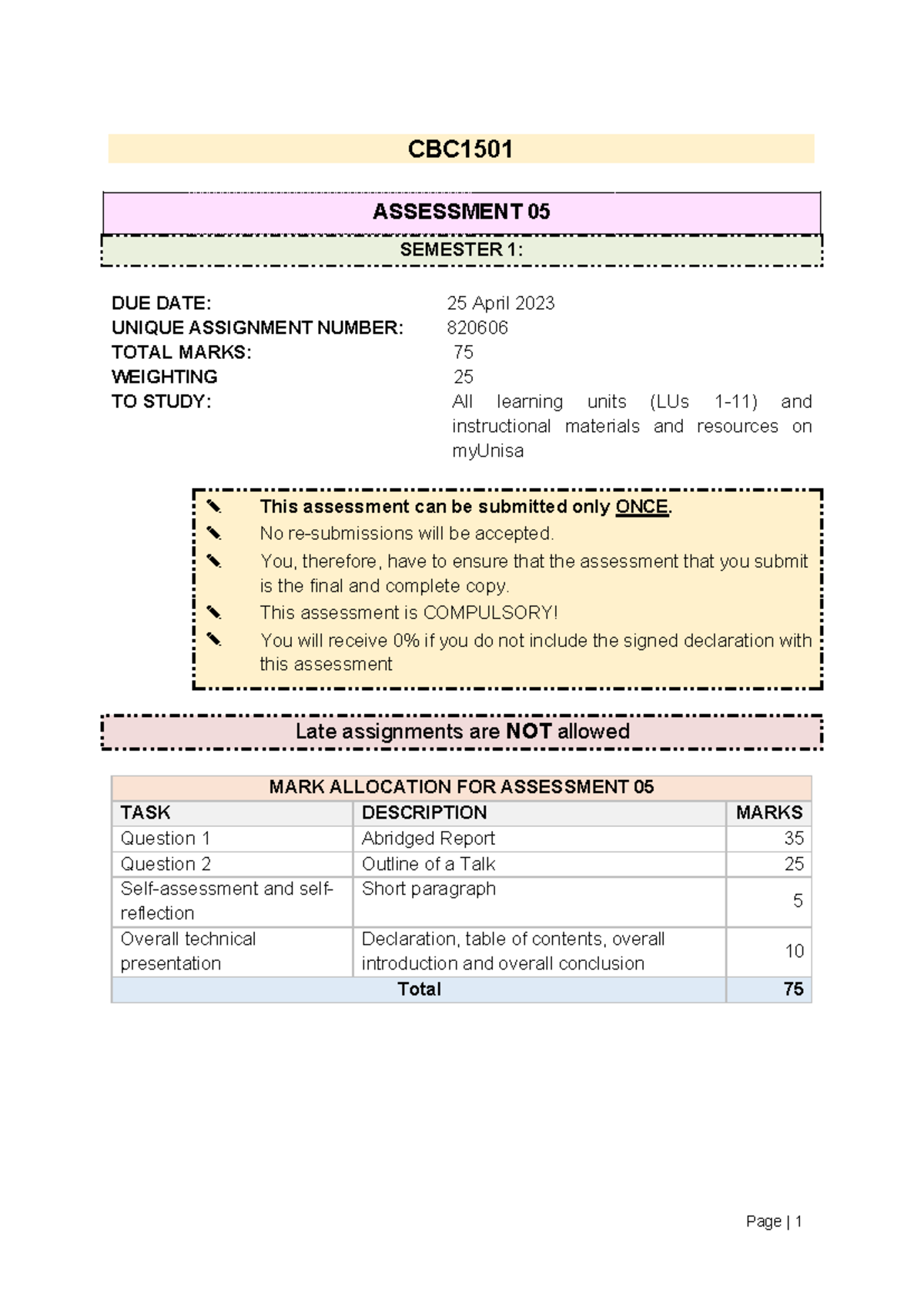 CBC150 1 Assessment 05 2023 S1 Written - ASSESSMENT 05 SEMESTER 1: This ...
