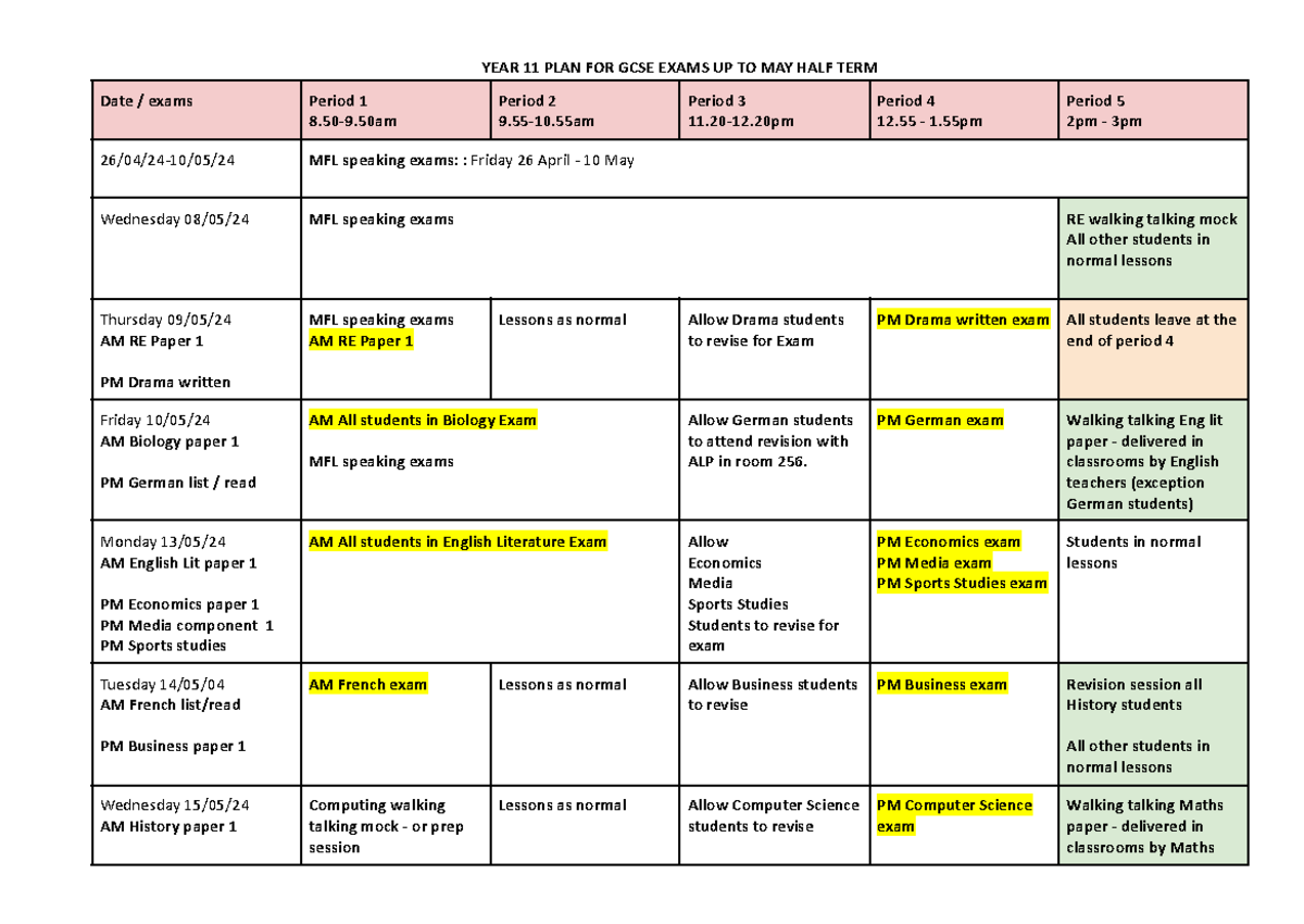 Student Friendly Year 11 Plan GCSEs to Half Term Correction - YEAR 11 ...