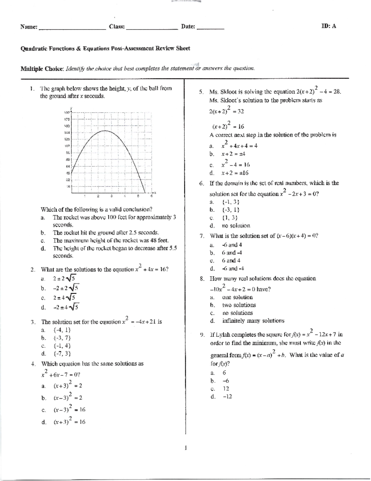 Quadratic post review sheet - Studocu