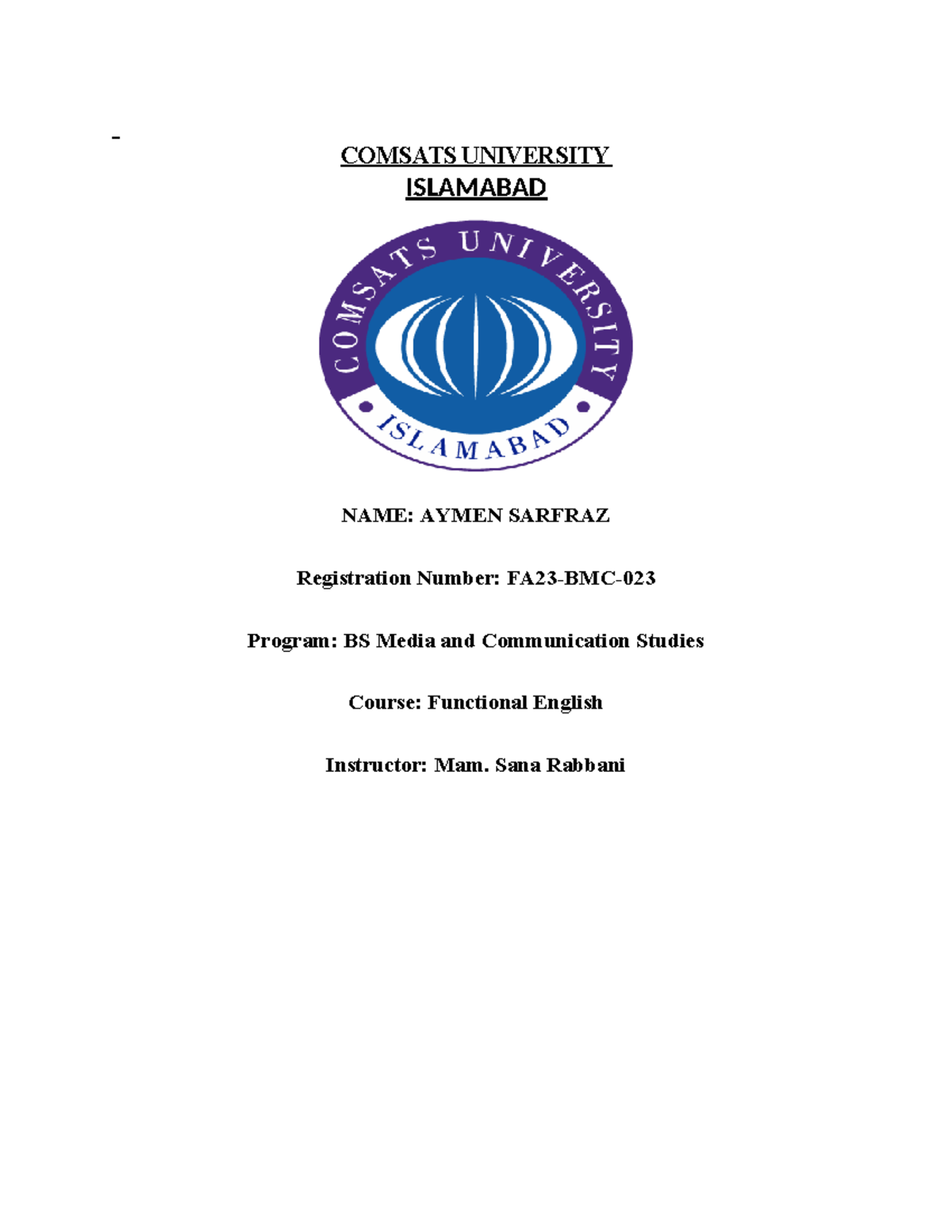 English assignment 1 - COMSATS UNIVERSITY ISLAMABAD NAME: AYMEN SARFRAZ ...