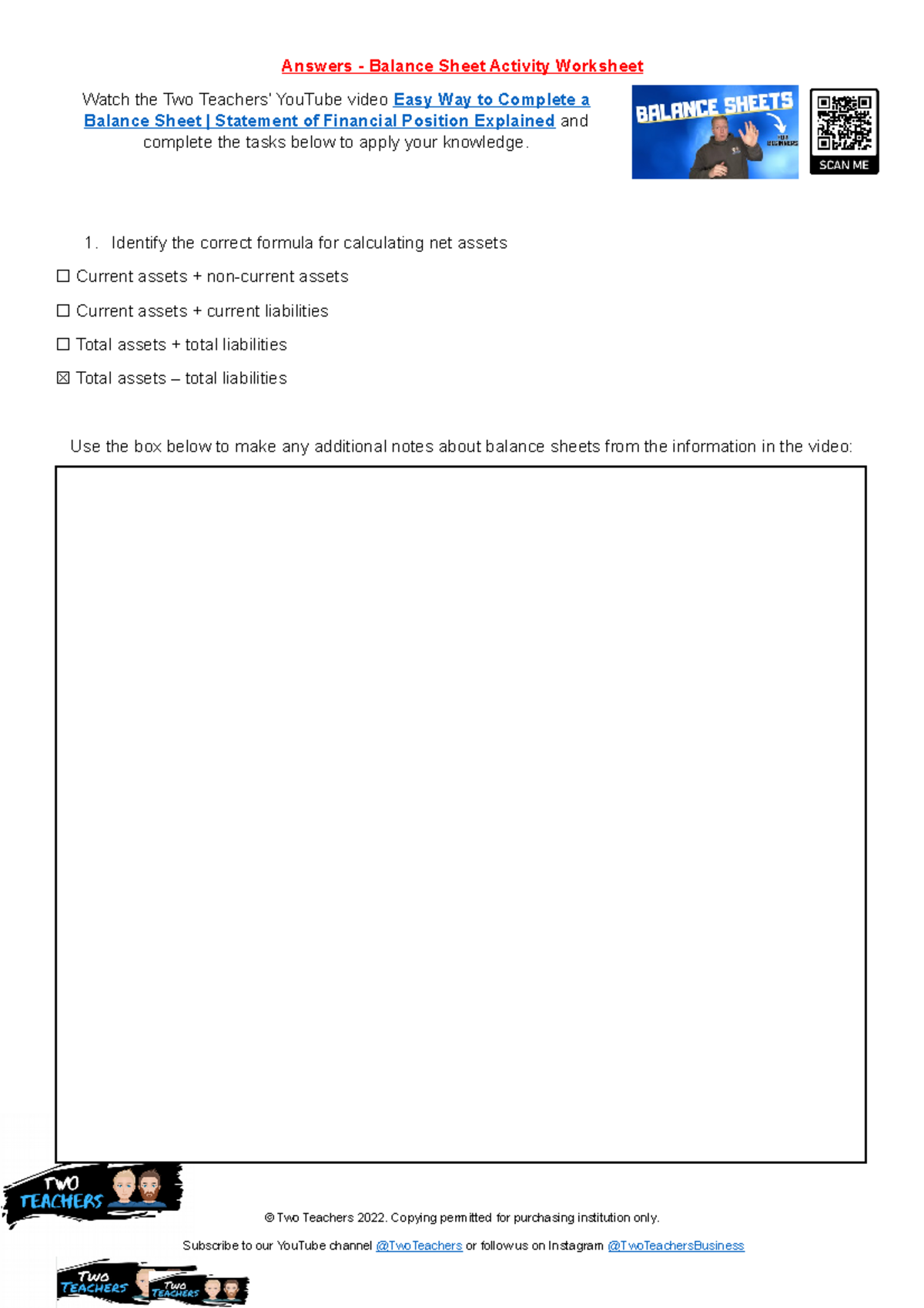 Answers Balance Sheet Activity Worksheet 1 Identify The Correct