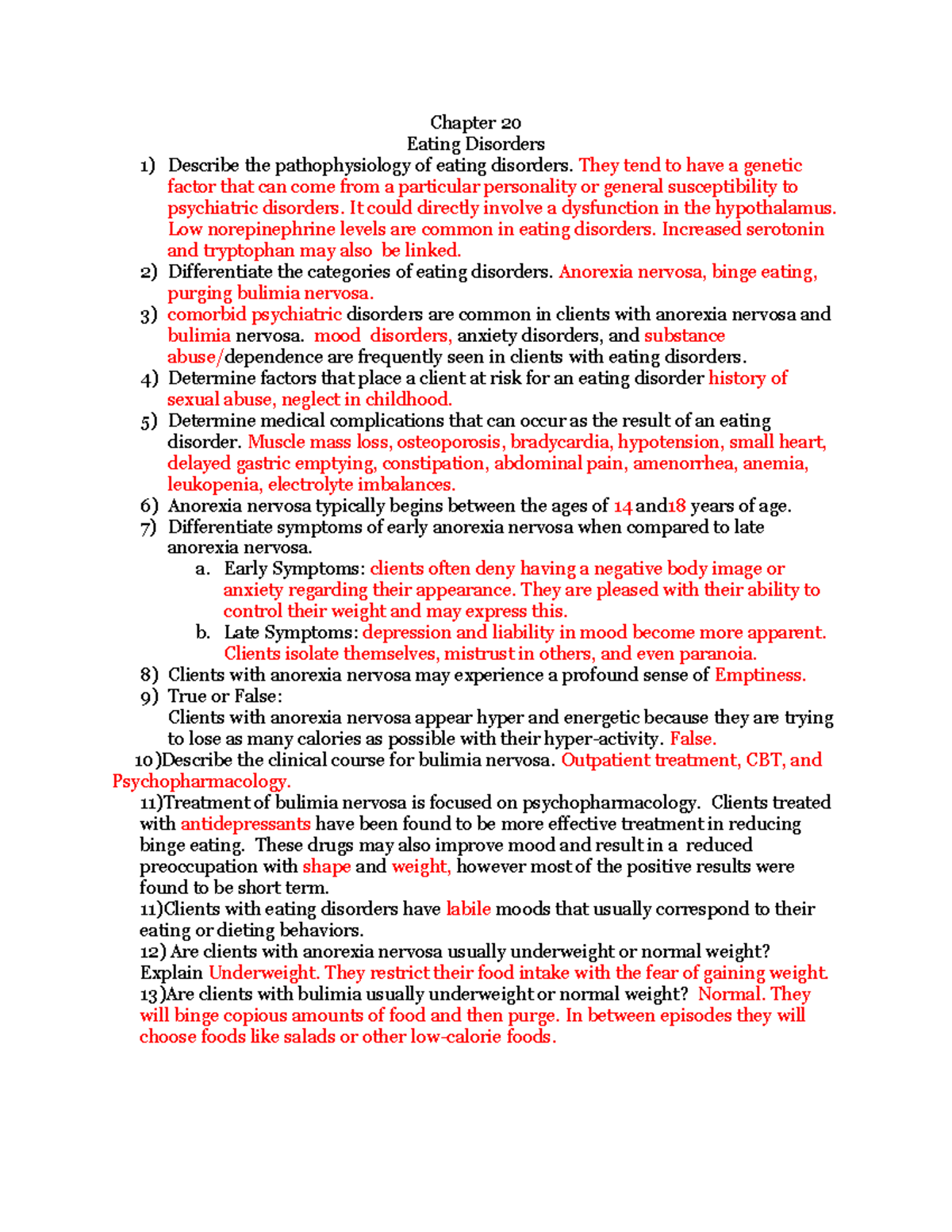 Chapter 20 modue - Chapter 20 Eating Disorders Describe the ...