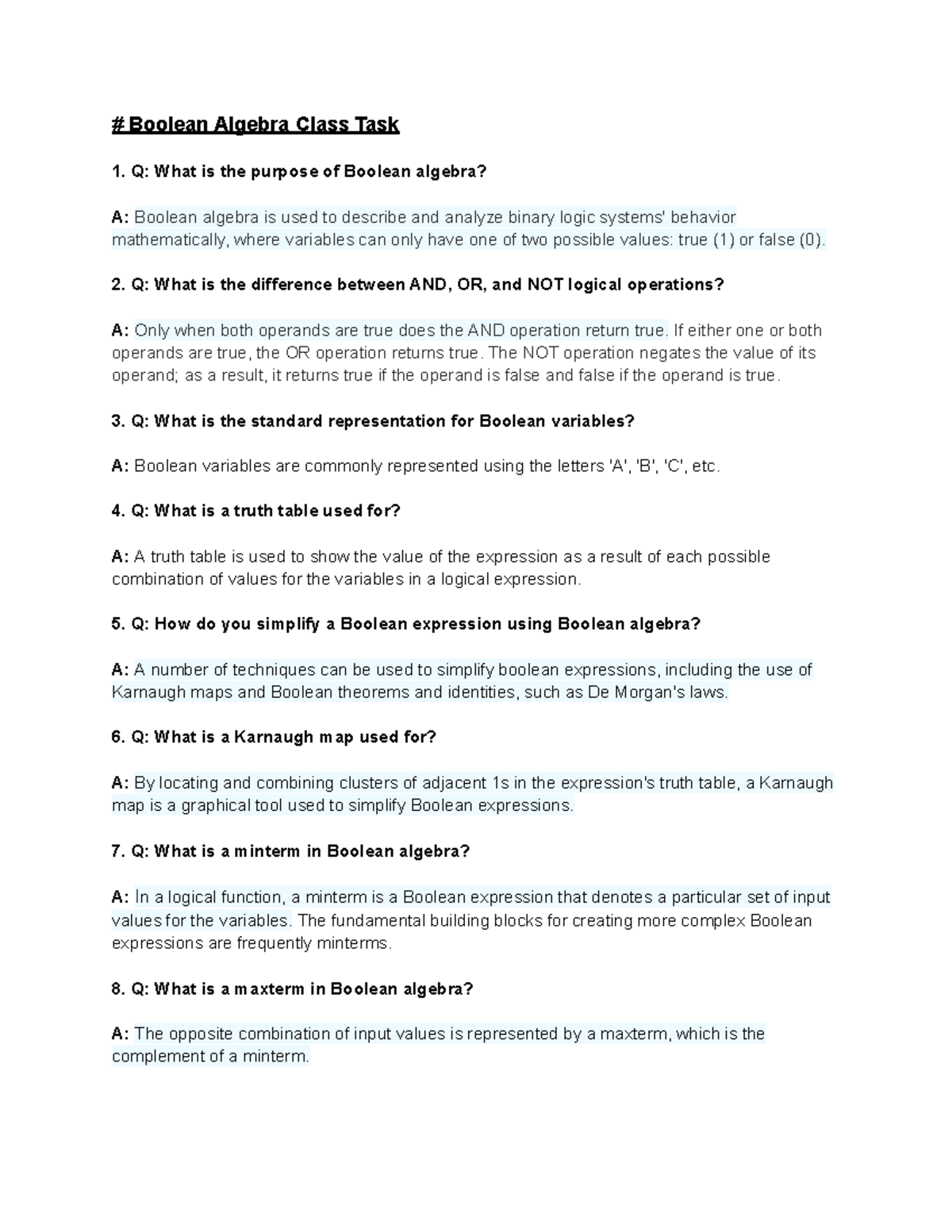 Boolean Algebra Class Test-2 - # Boolean Algebra Class Task Q: What is ...