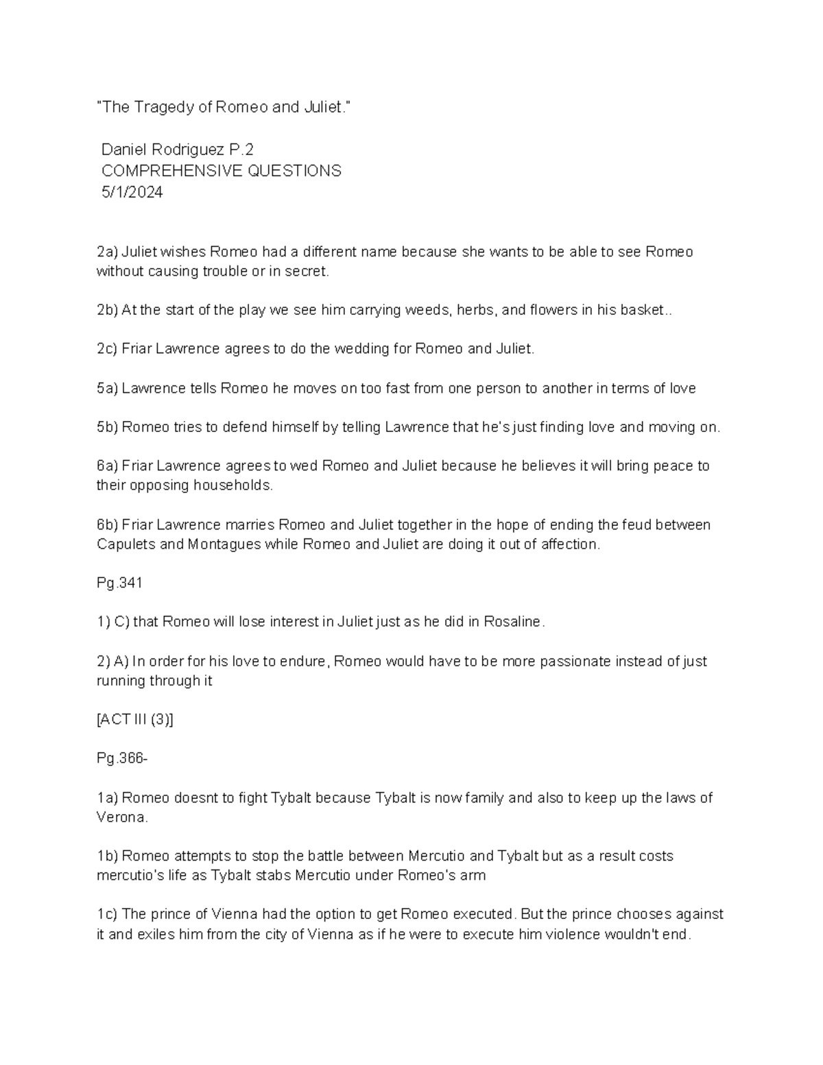 Romeo & Juliet Comprehensive Questions - “The Tragedy of Romeo and ...