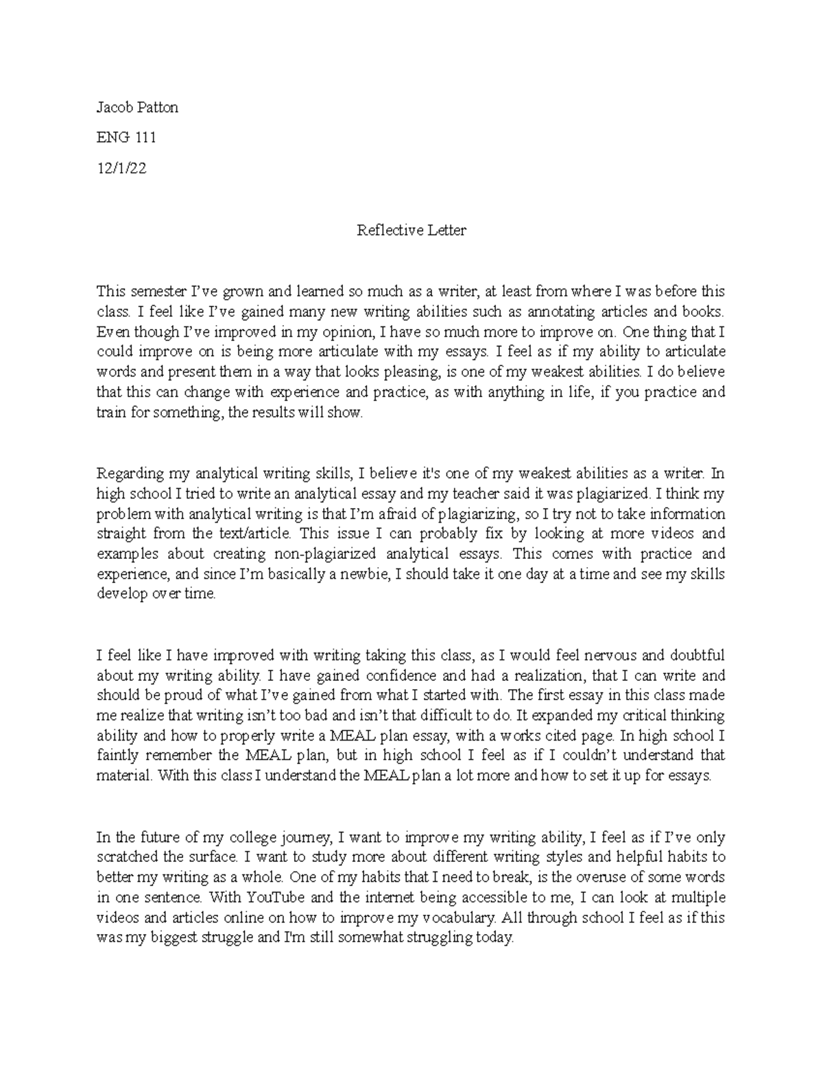 Reflective Letter - 124124 - Jacob Patton ENG 111 12/1/ Reflective ...