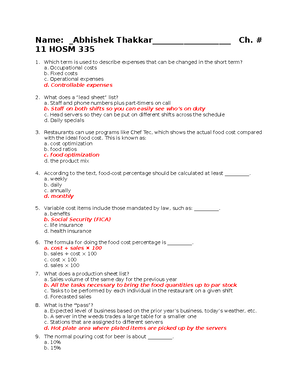 HOSM 335 QUIZ 3 - quiz - Chapter # 3 Quiz HOSM 335 - NAME: _ Abhishek ...