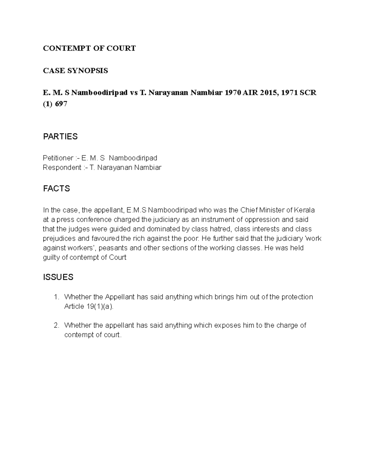CASE Synopsis - It is a case law - CONTEMPT OF COURT CASE SYNOPSIS E. M ...