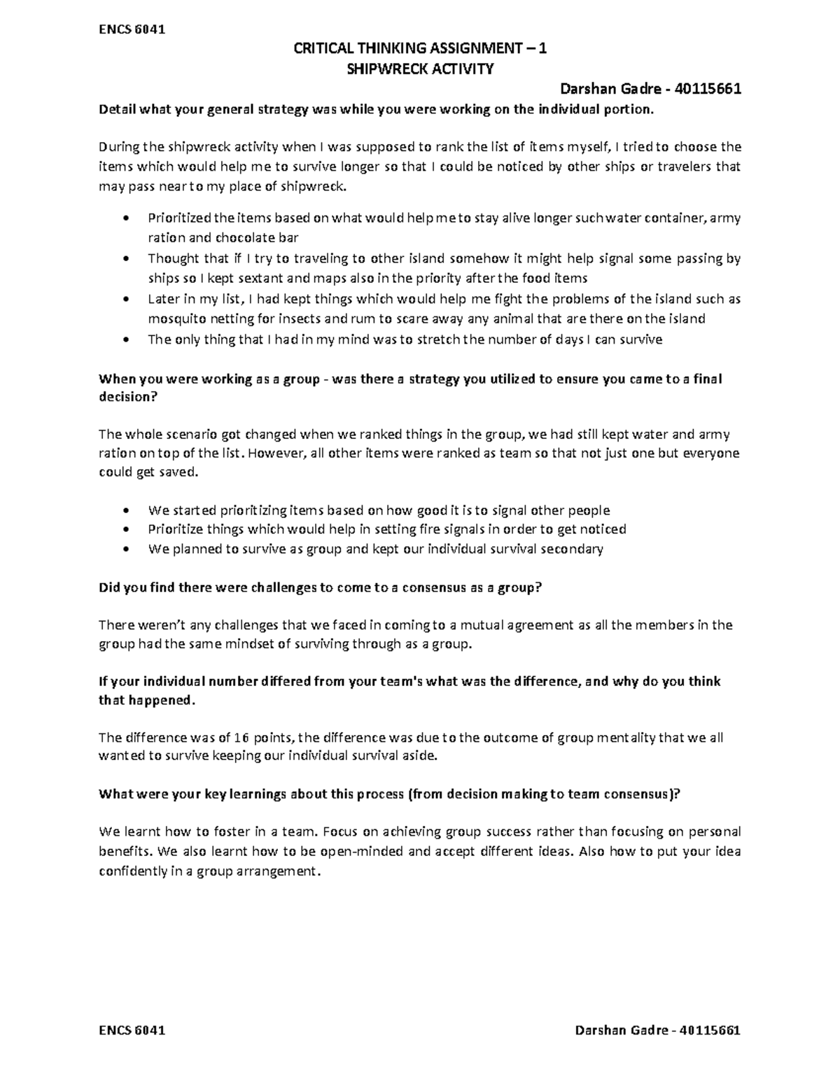 Critical Thinking Assignment - ENCS 6041 CRITICAL THINKING ASSIGNMENT ...