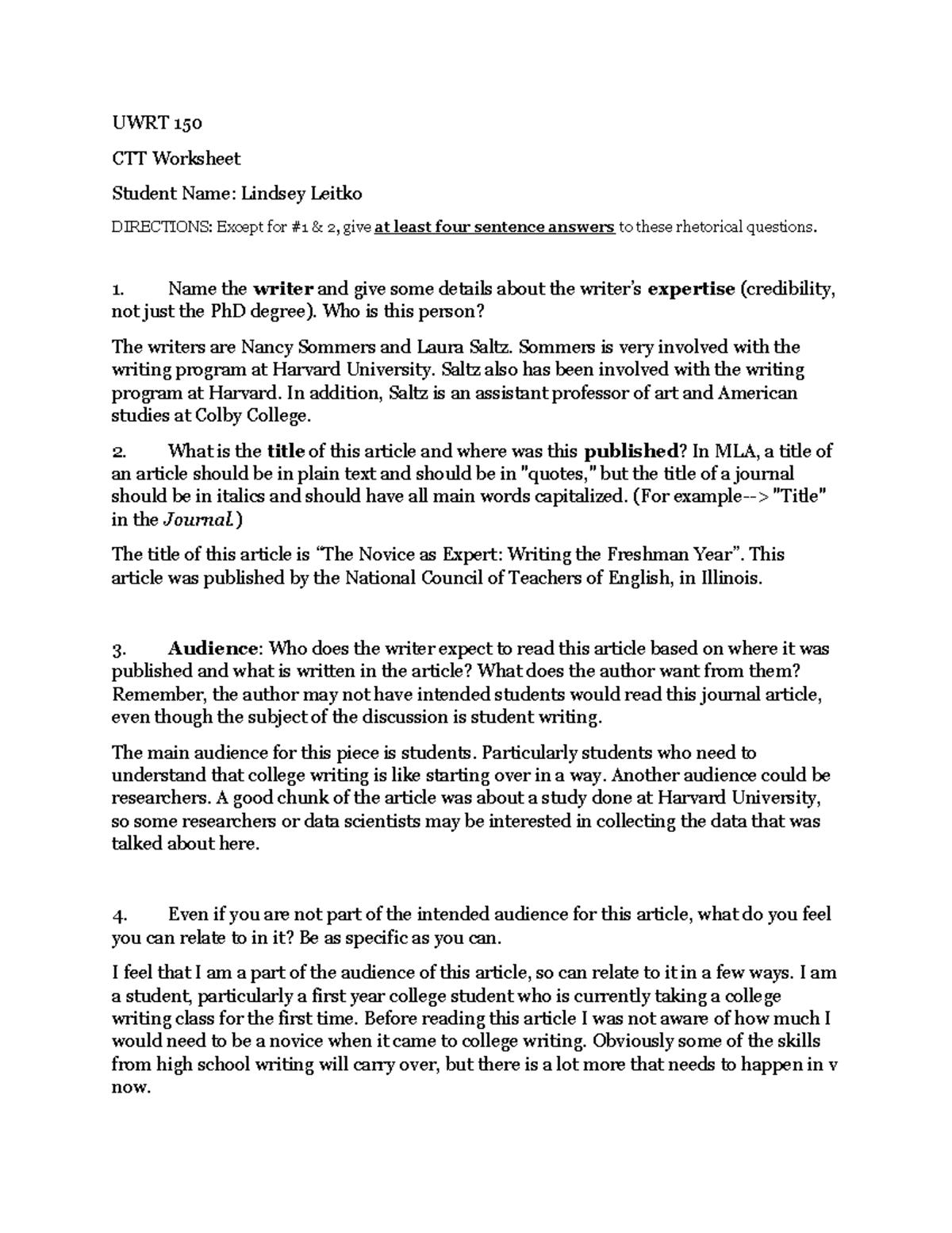 CTT Worksheet on The Novice as Expert Writing the Freshman Year - UWRT ...