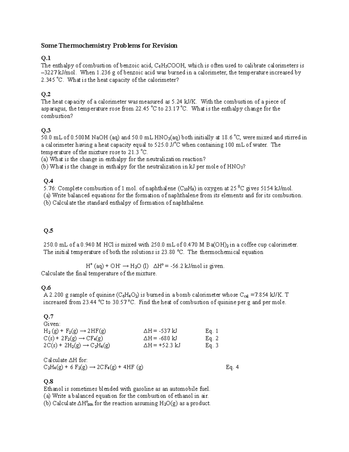 Thermochem Revision Questions 2018 (WAAD) - Some Thermochemistry ...