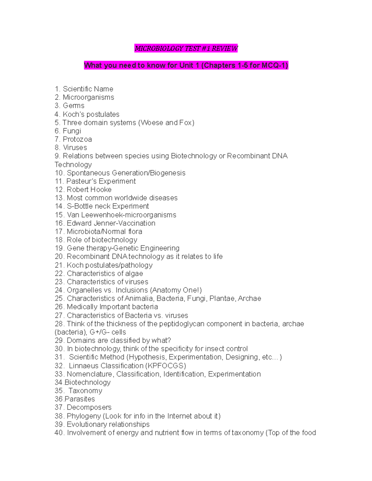 Microbiology TEST 1 - Lecture notes 1-3 - MICROBIOLOGY TEST #1 REVIEW ...