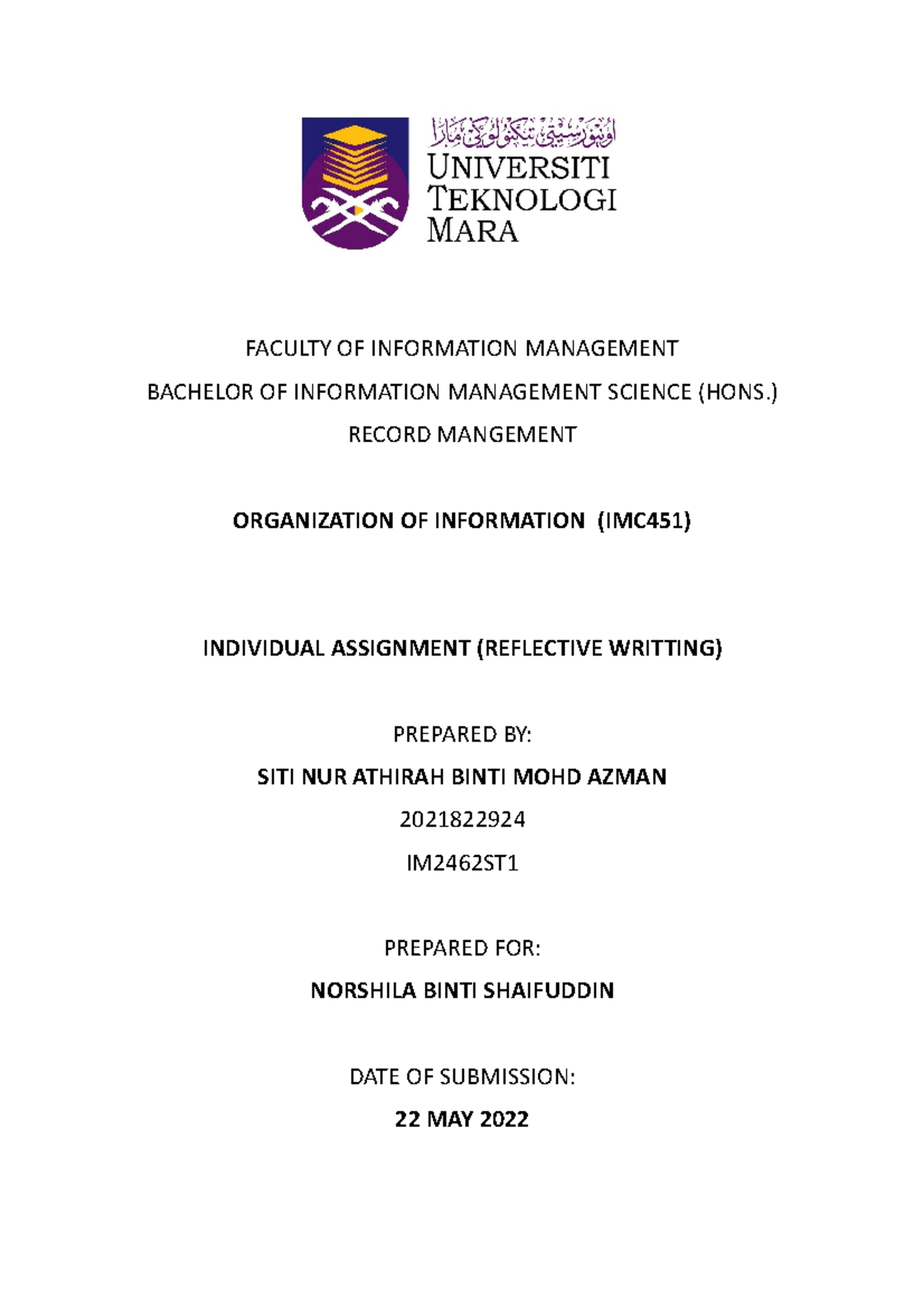 Individual assignment imc451 - FACULTY OF INFORMATION MANAGEMENT ...