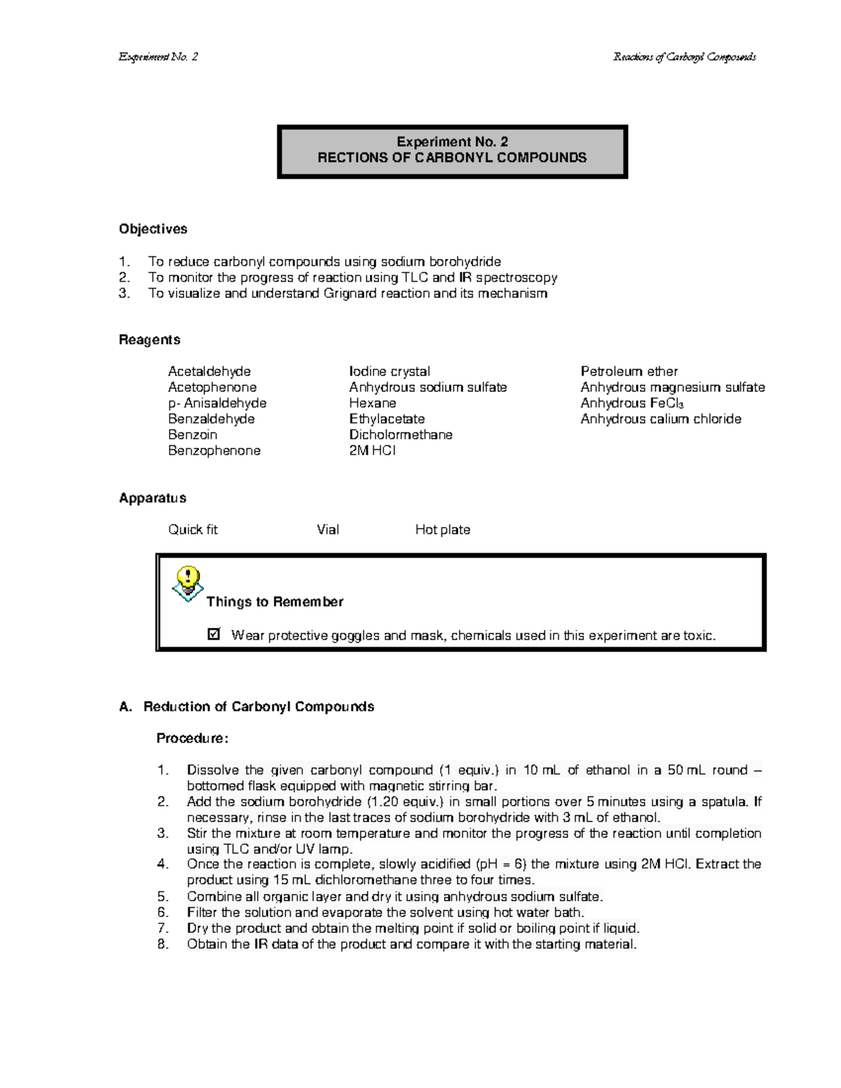 Experiment 2 - 2 Reactions of Carbonyl Compounds Objectives To reduce ...