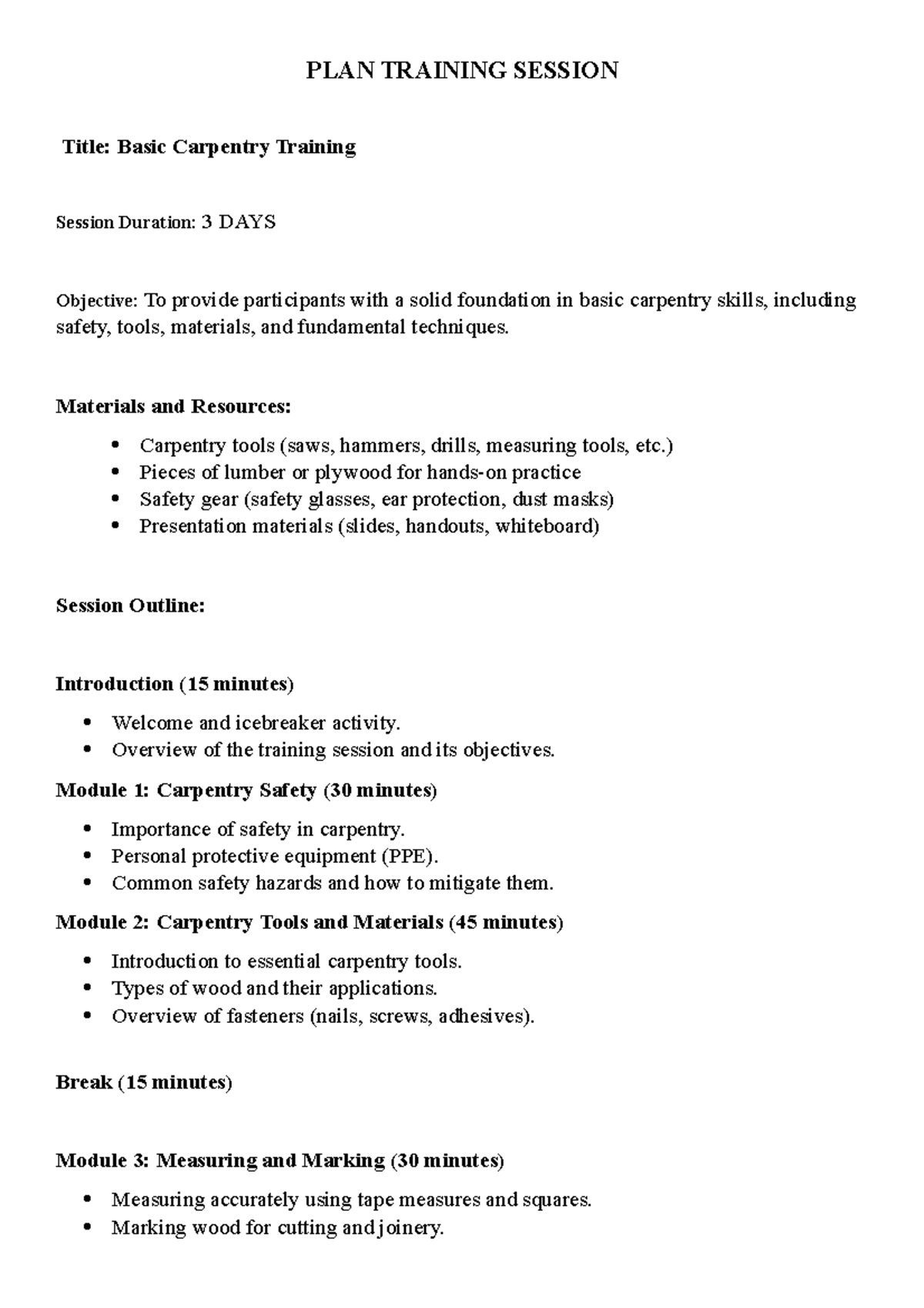 PLAN- Training- Session - PLAN TRAINING SESSION Title: Basic Carpentry ...