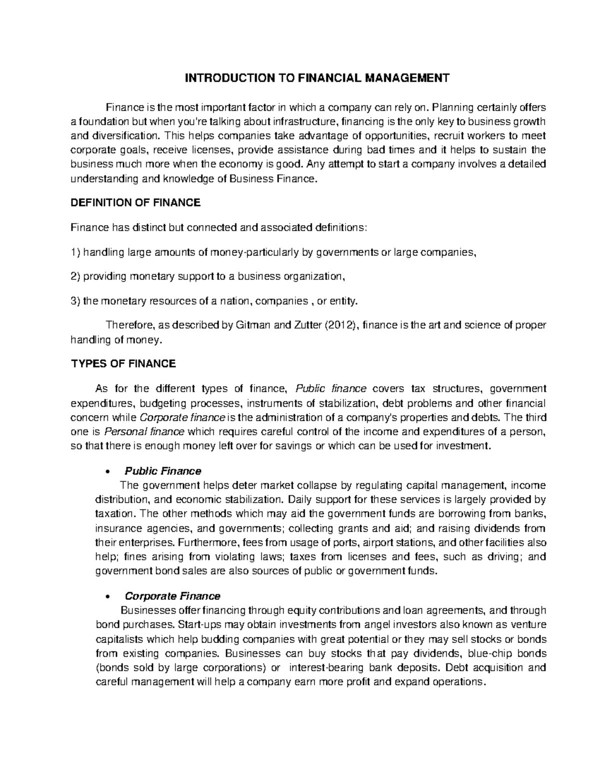 Lecture 1 Introduction TO Financial Management - INTRODUCTION TO ...