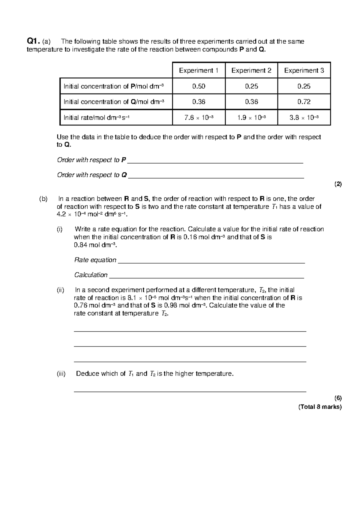 Rate Equation walkthrough questions 1 - Q1. (a) The following table ...