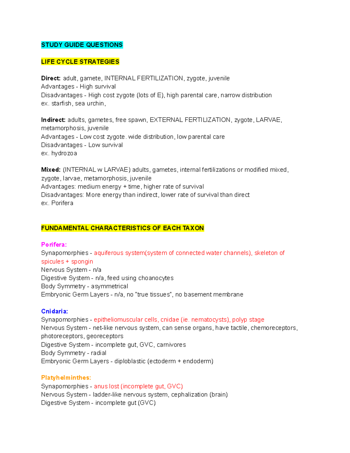 Biol 205 Midterm Study Sheet - STUDY GUIDE QUESTIONS LIFE CYCLE ...