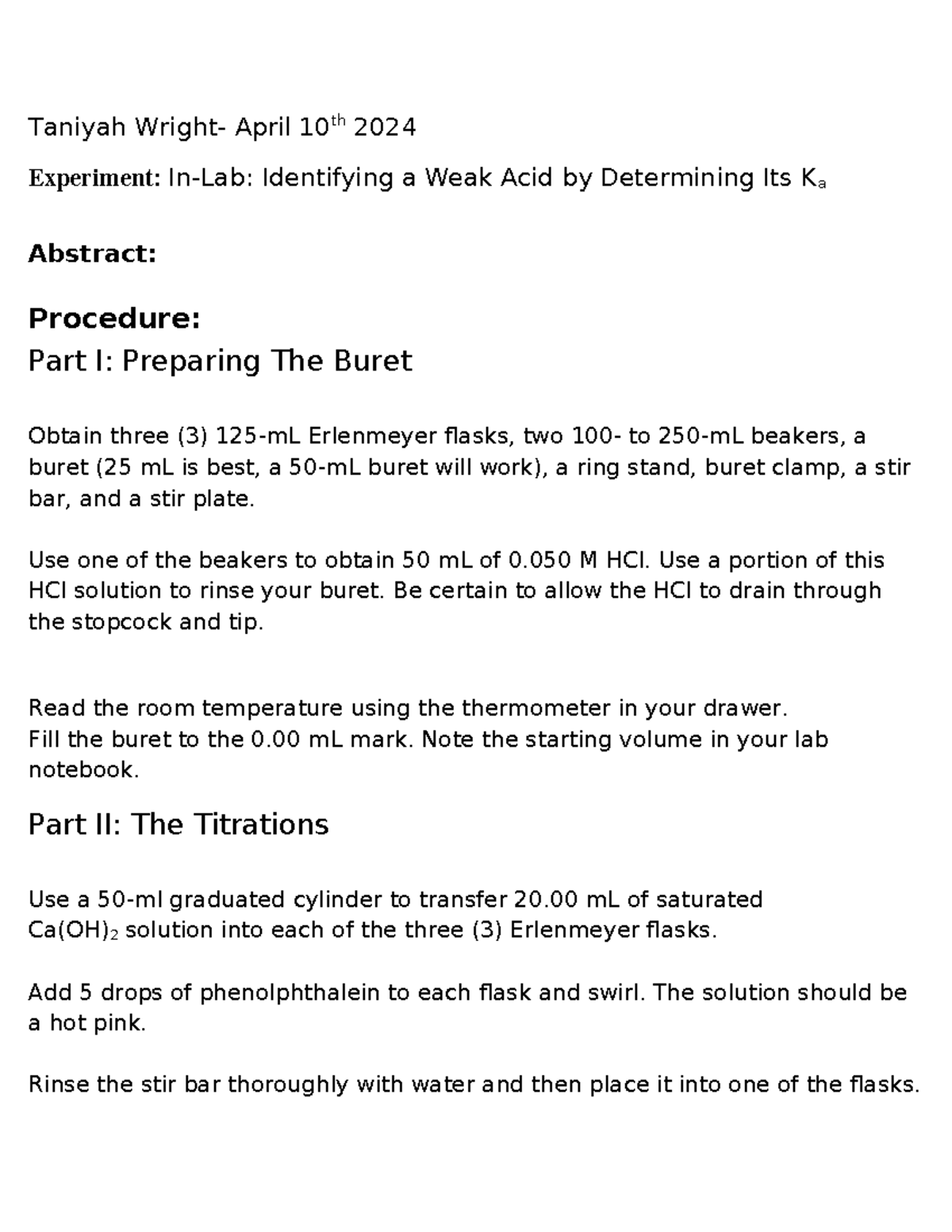 Lab 7 - Taniyah Wright- April 10 th 2024 Experiment: In-Lab ...