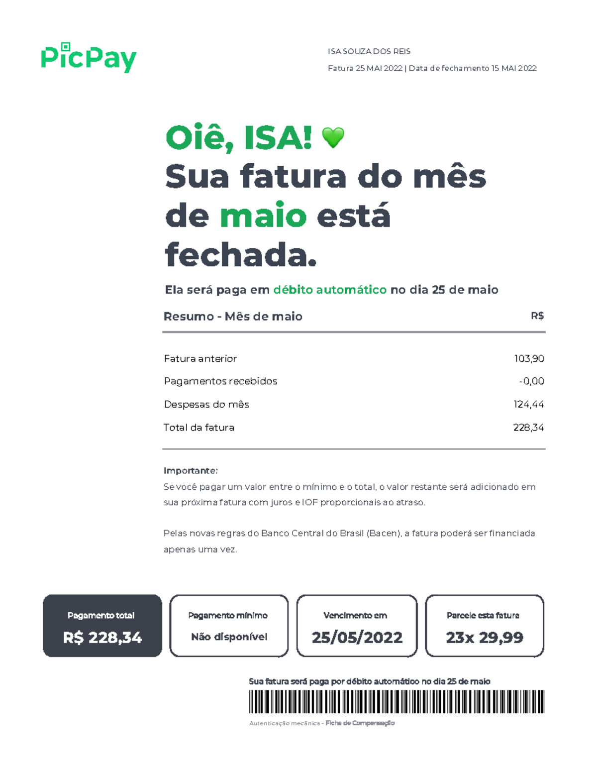 Pic Pay Fatura 052022 - ISA SOUZA DOS REIS Fatura 25 MAI 2022 | Data de ...