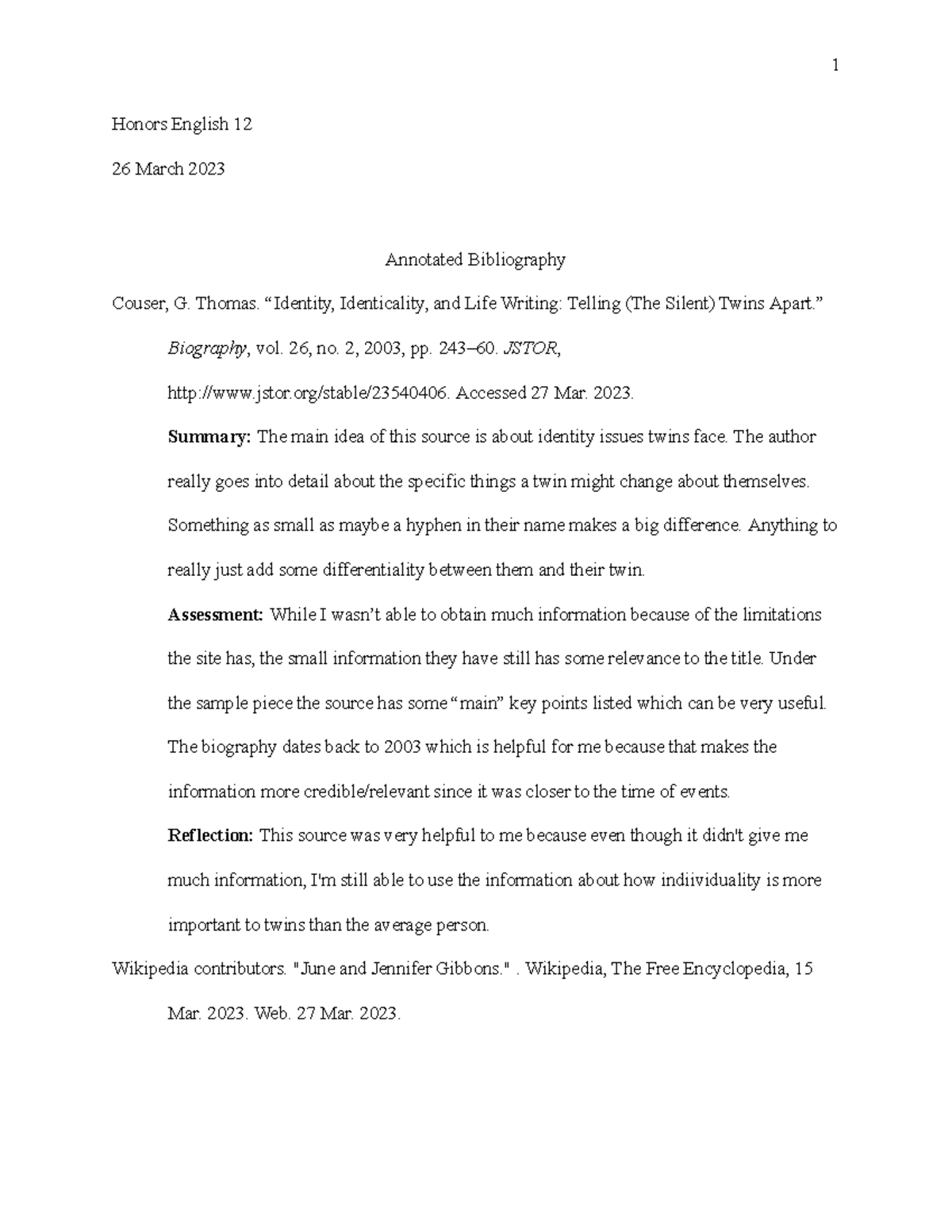 Annotated Bibliography - 1 Honors English 12 26 March 2023 Annotated ...