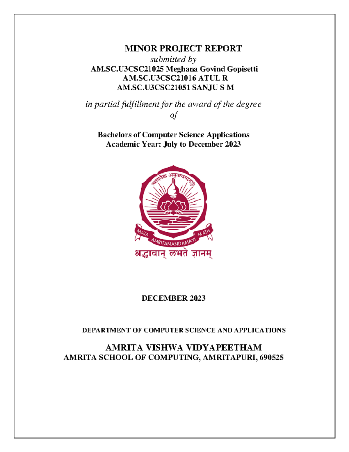 REMS project Report - MINOR PROJECT REPORT submitted by AM.SC Meghana ...