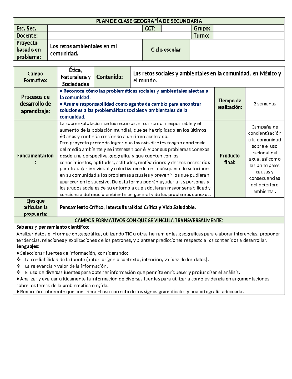 Proyecto 2. Los retos ambientales en mi comunidad - PLAN DE CLASE ...
