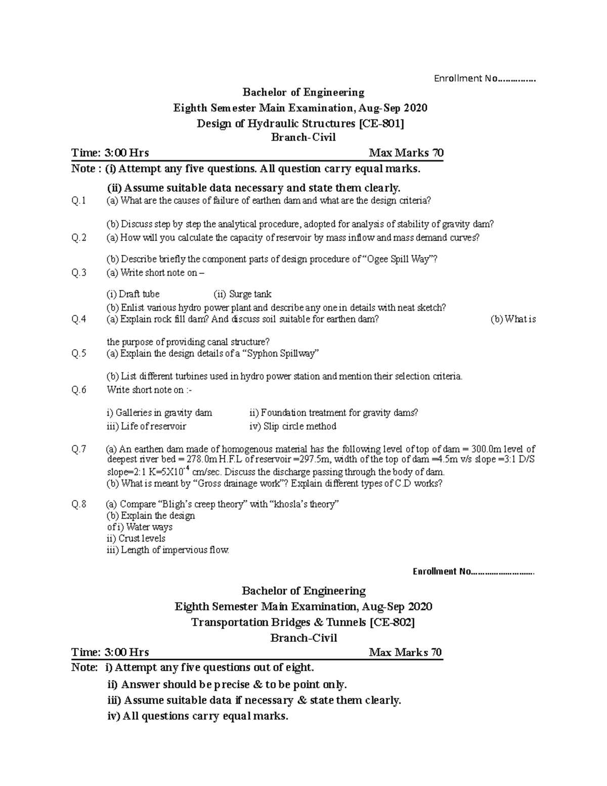 BE CE VIII SEM JUNE20 - Previous year questions. - Enrollment No ...