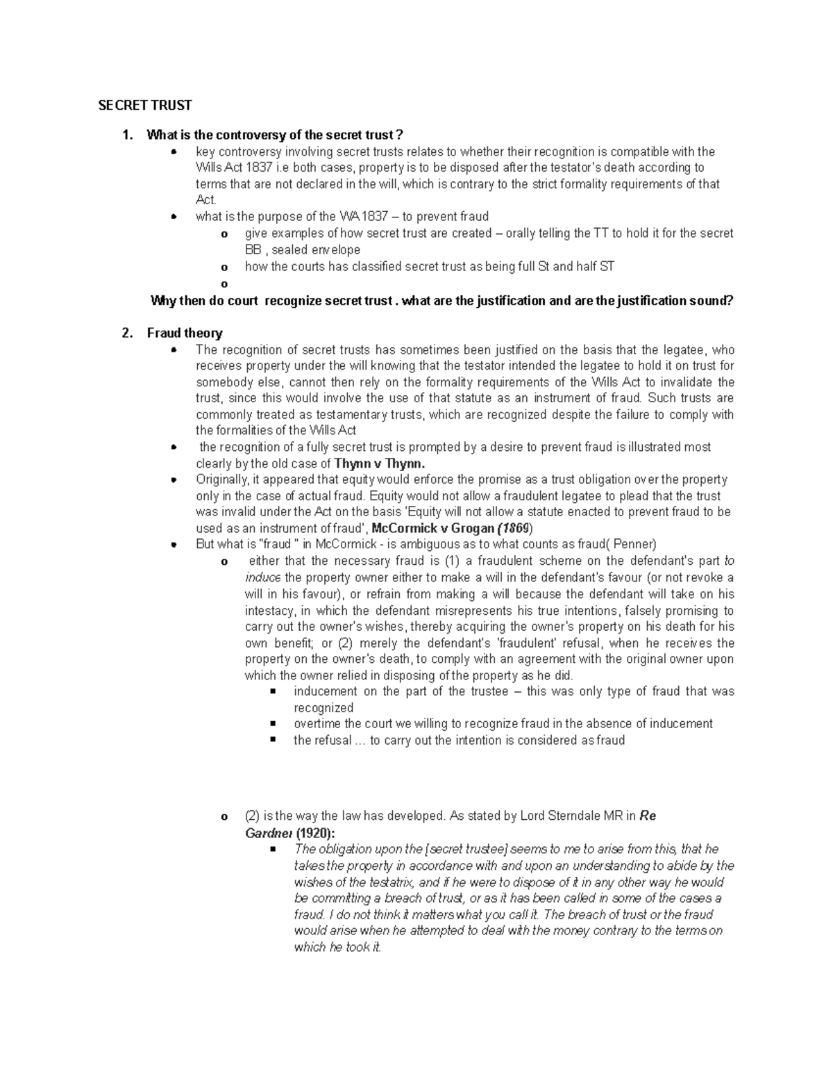 Secret Trust essay notes - SECRET TRUST 1. What is the controversy of ...