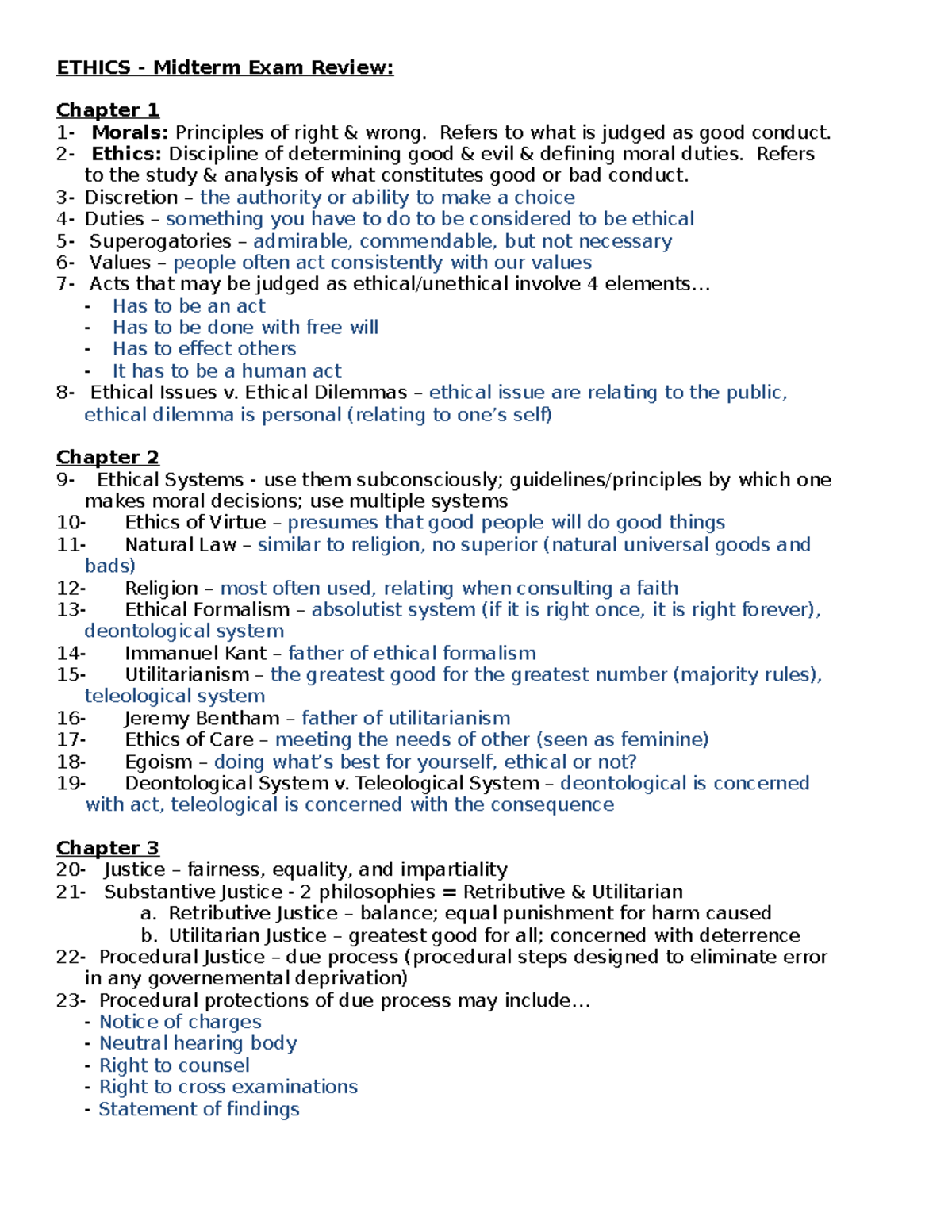 Ethics - Midterm Exam Review - ETHICS - Midterm Exam Review: Chapter 1 ...