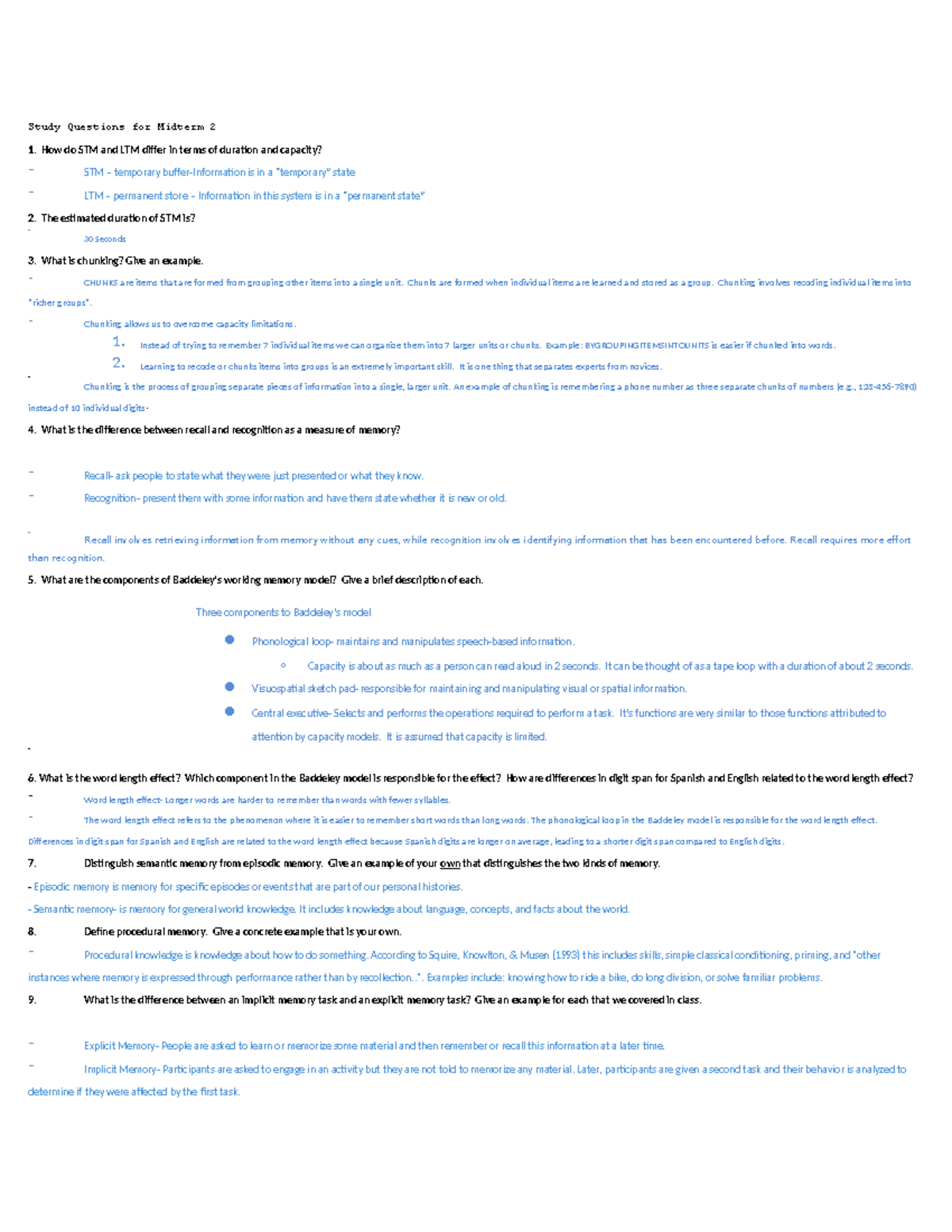 2nd study guide cognition f23 - Study Questions for Midterm 2 1. How do STM and LTM differ in ...