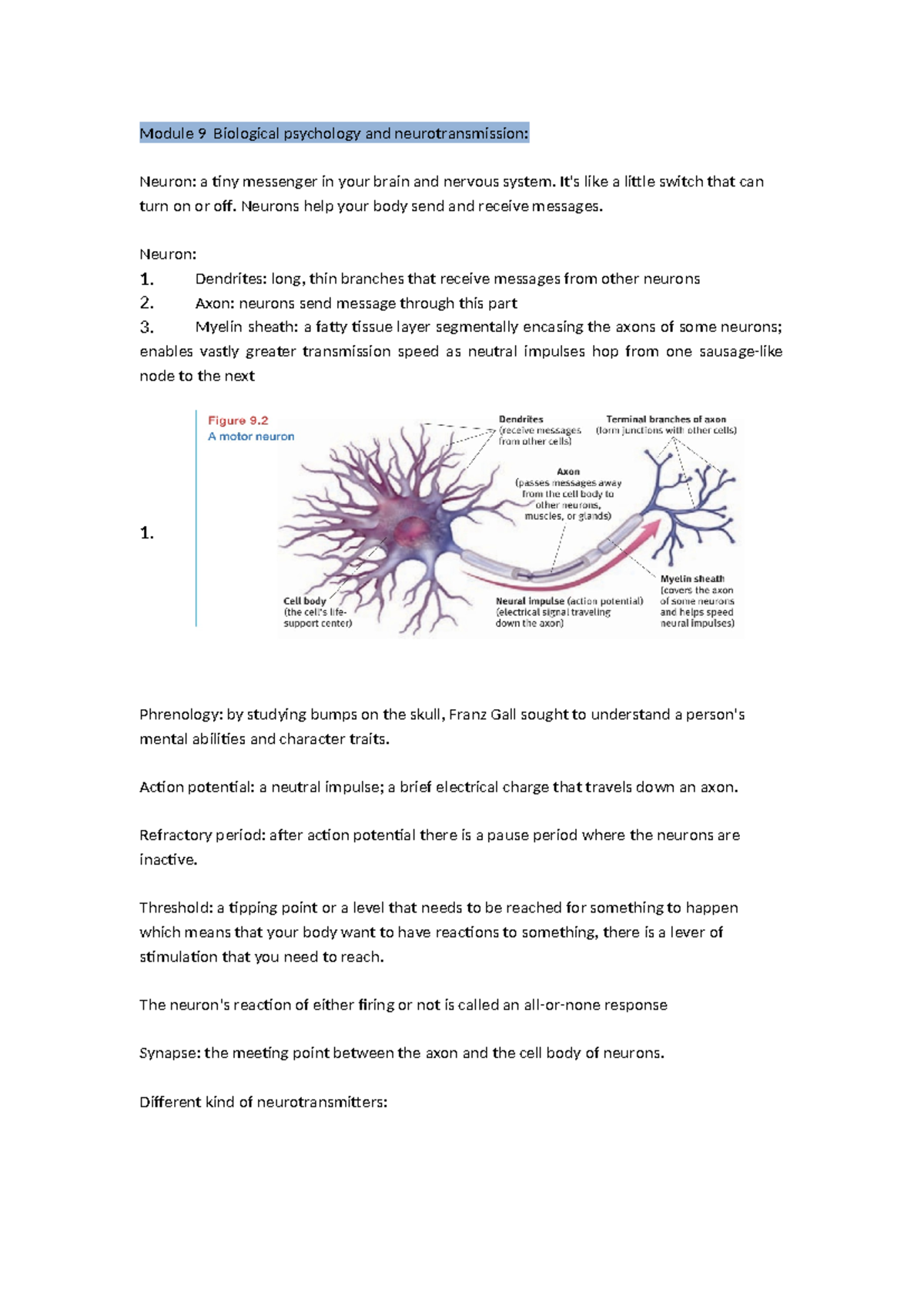 Ap Psych unit 3 - Module 9 Biological psychology and neurotransmission ...