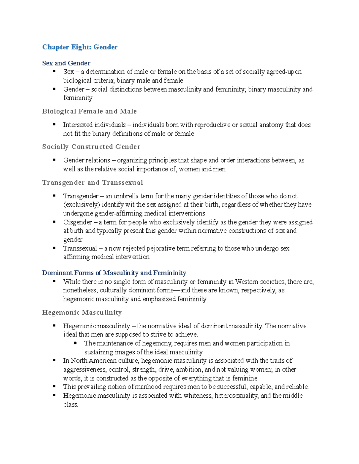 Chapter-8-Gender - textbook summary - Chapter Eight: Gender Sex and ...