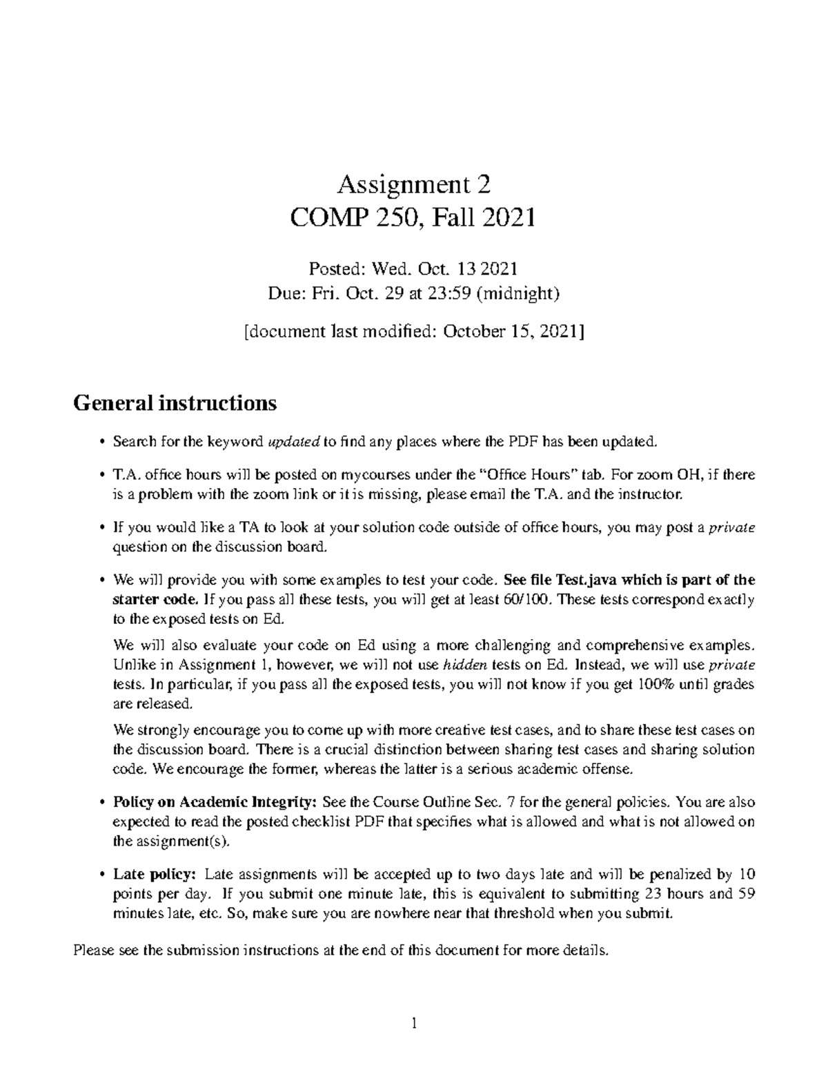 Comp 250 Fall 2021 Assignment 2 Assignment 2 Comp 250 Fall 2021 Posted Wed Oct 13 2021 Due