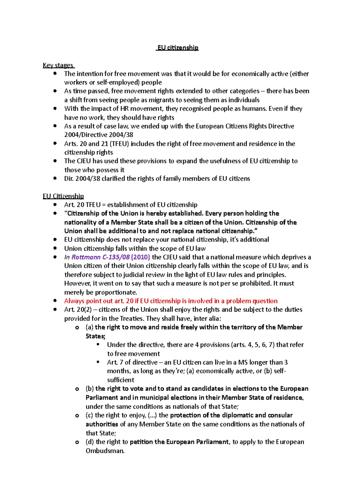 EU citizenship - Lecture notes 1 - EU citizenship Key stages The ...