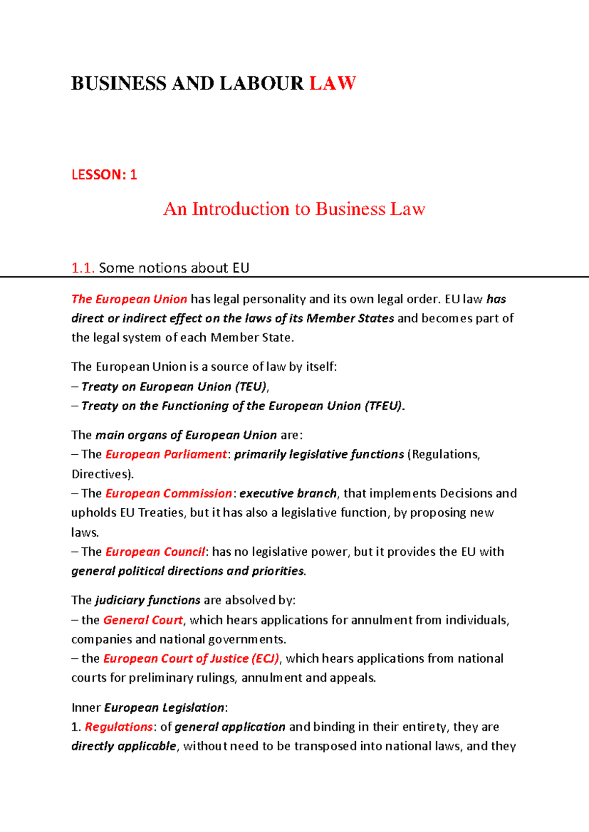 Band LL part1 - Notes from slides - BUSINESS AND LABOUR LAW LESSON: 1 ...