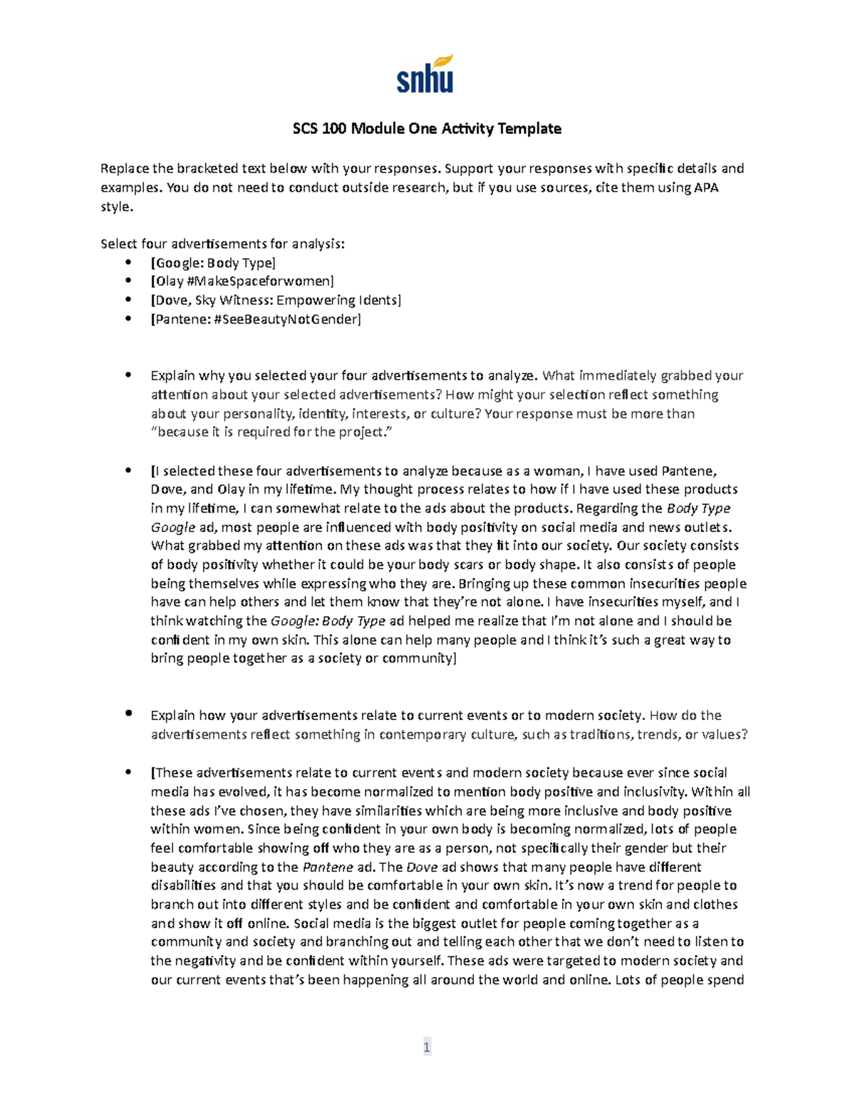 SCS 100 Module One Activity - Support your responses with specific ...