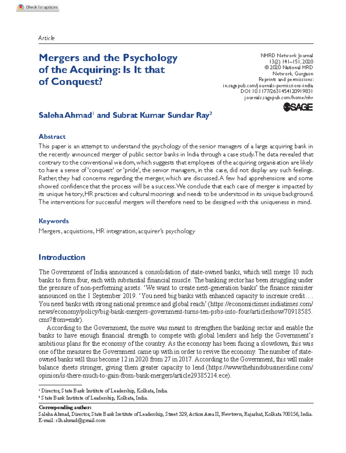 Mergers and the Psychology of the Acquir - NHRD Network Journal 13(2 ...