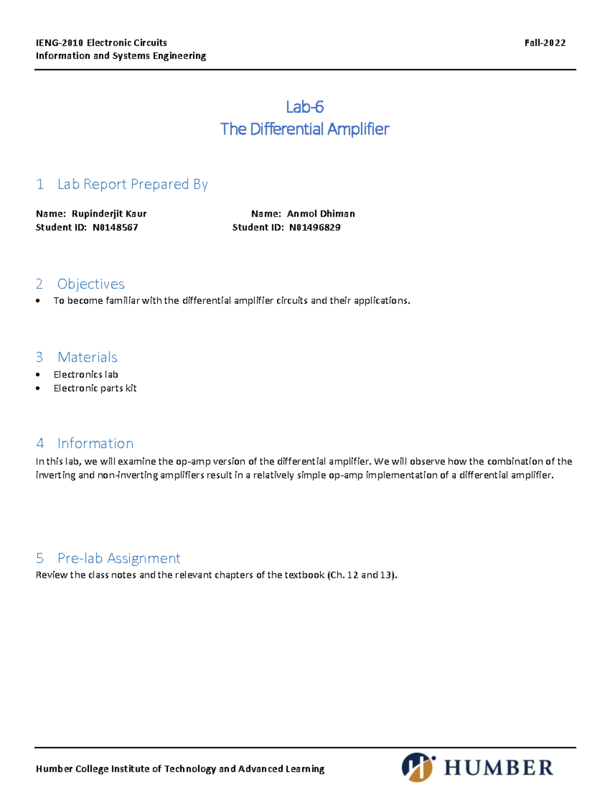 Lab6 Differential Amplifier - Information and Systems Engineering Lab- 6 The Differential ...