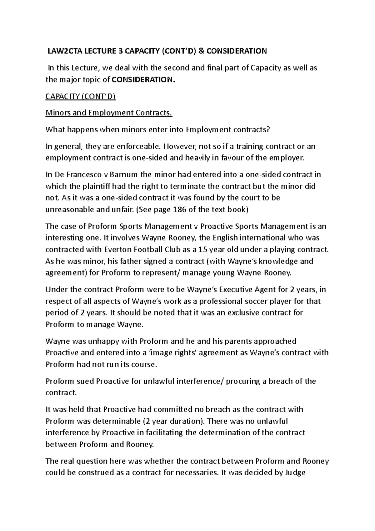 Contract Law (A) Capacity and Consideration - LAW2CTA LECTURE 3 ...