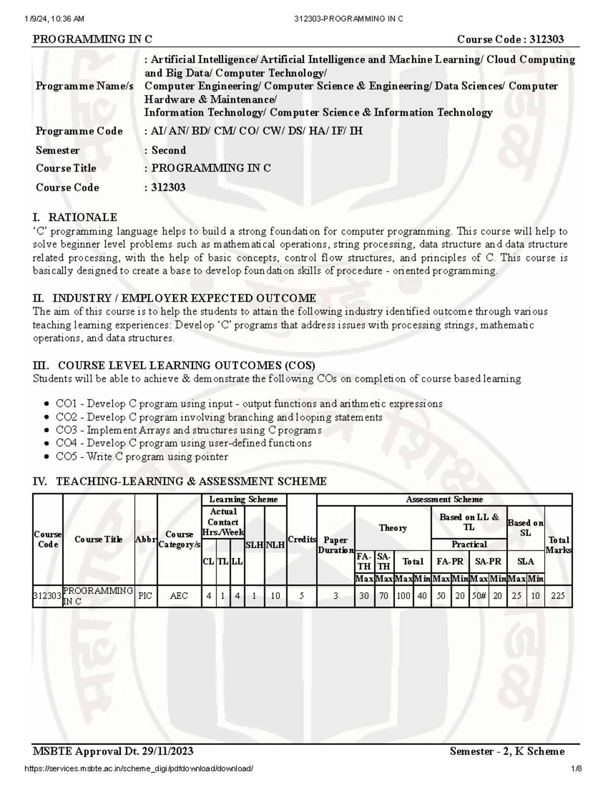 312303- Programming IN C - PROGRAMMING IN C Course Code : 312303 Semester - 2, K Scheme ...
