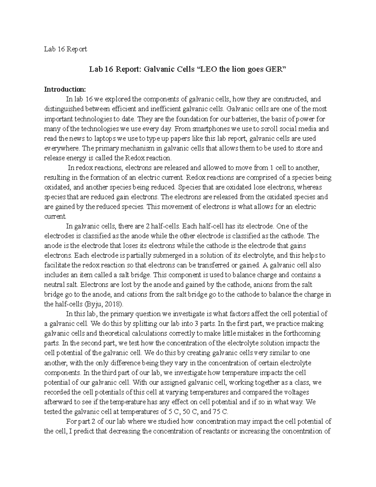 Lab 16 Report - Lab 16 Report Lab 16 Report: Galvanic Cells “LEO the lion goes GER” Introduction ...