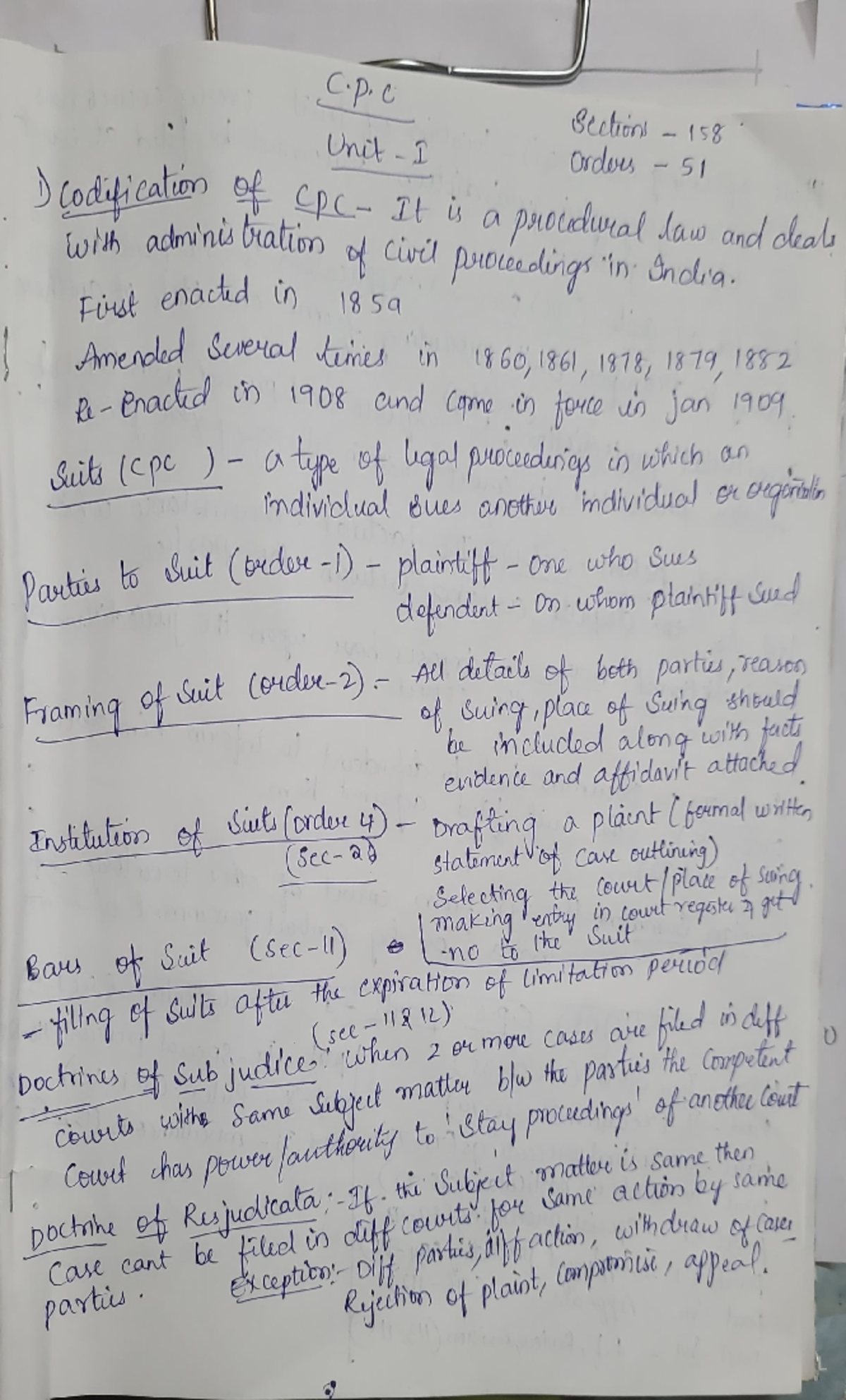 CPC - A.Begum Hand written Notes - C.P Sections 158 Unit I orders 51 1 ...