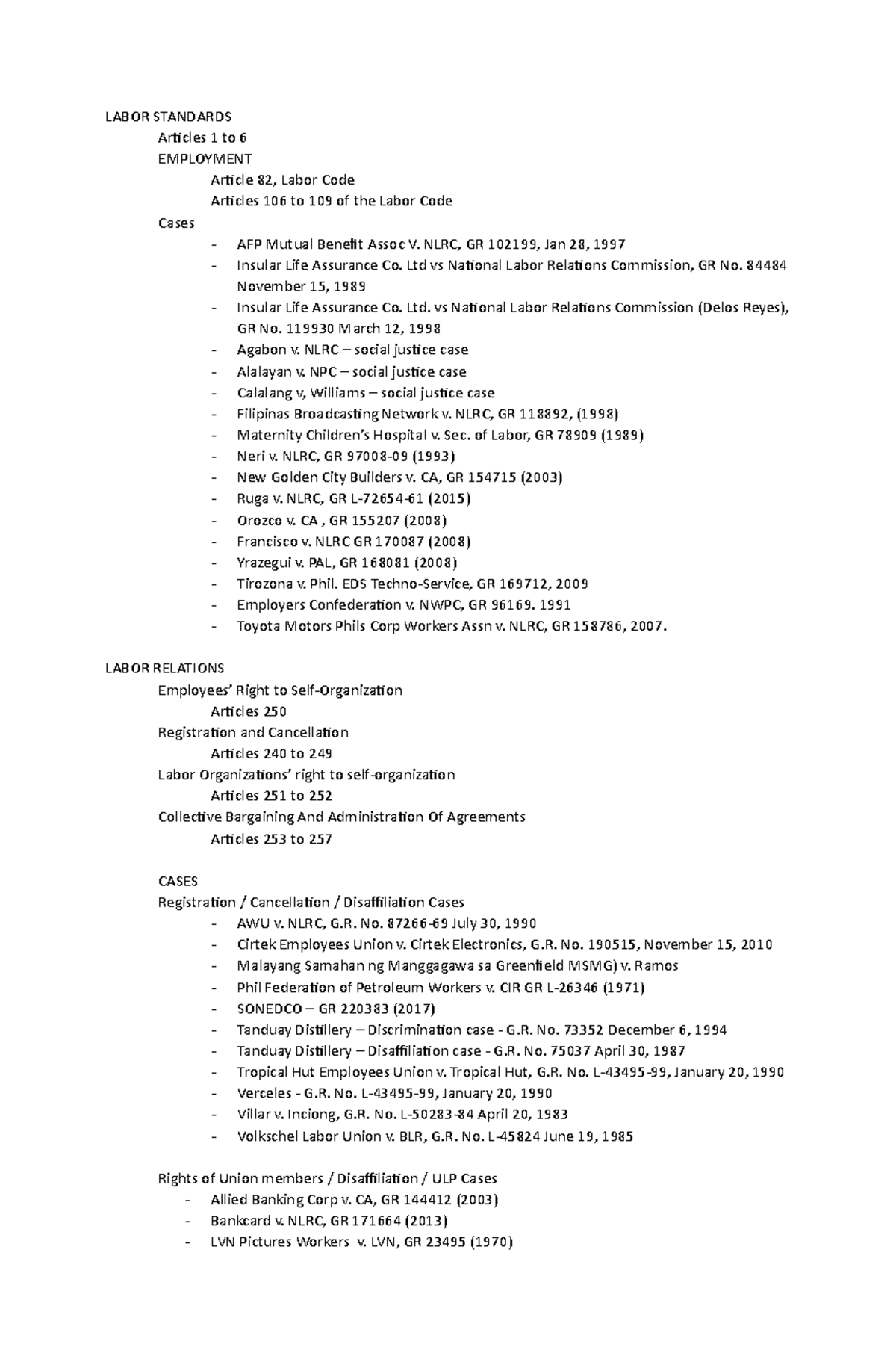 Labor- Outline- Guide - wqewqeqw - LABOR STANDARDS Articles 1 to 6 ...