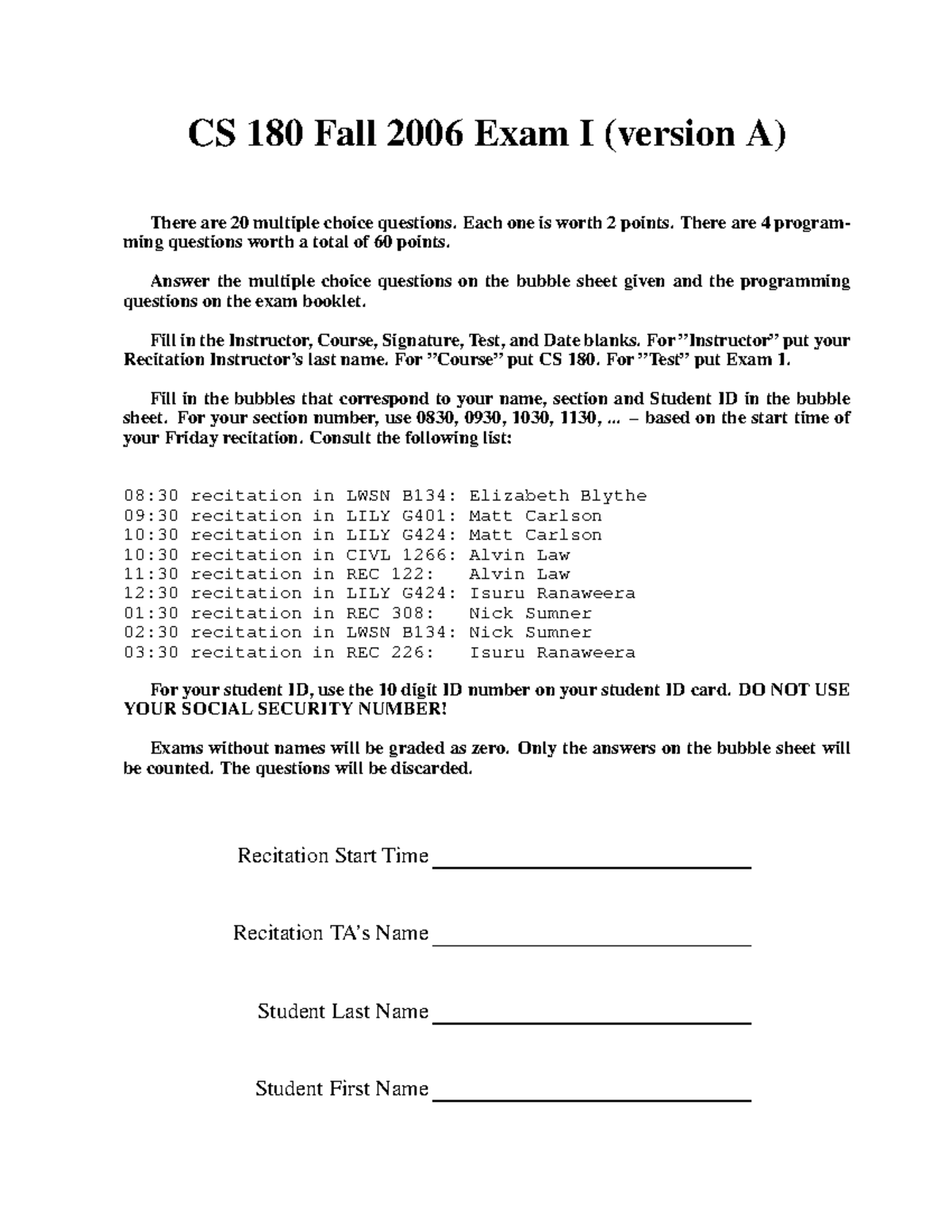 Fall 2006 Exam 1 with Key - CS 180 Fall 2006 Exam I (version A) There ...
