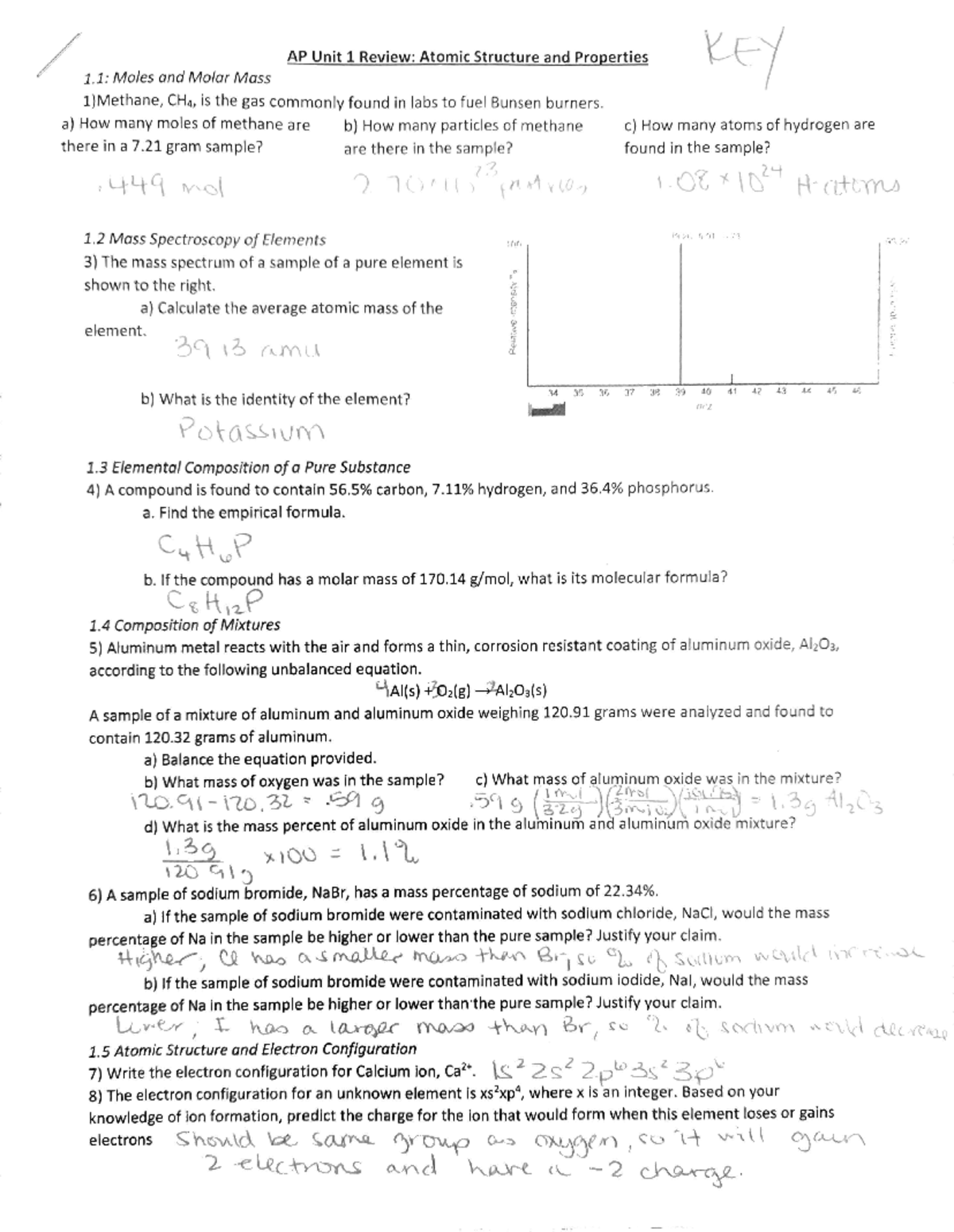 AP Unit 1 and 2 Review KEY - AP Unit 1 Review: Atomic Structure and ...