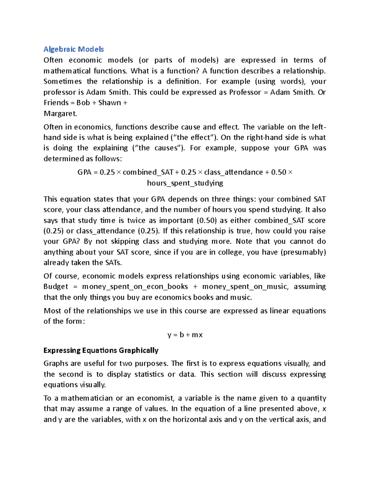 Algebraic Models - Algebraic Models Often economic models (or parts of ...